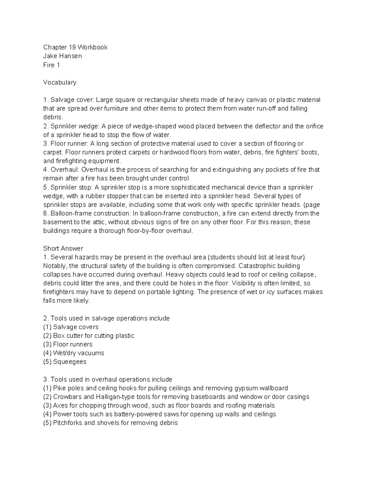 Chapter 19 Workbook - Chapter 19 Workbook Jake Hansen Fire 1 Vocabulary Salvage cover: Large ...