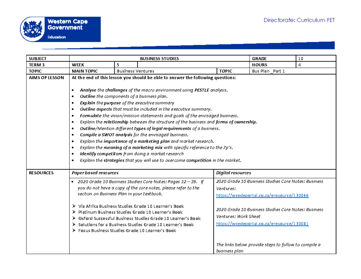 Business Studies Grade 10 Term 3 Week 5 2020 - Directorate: Curriculum ...