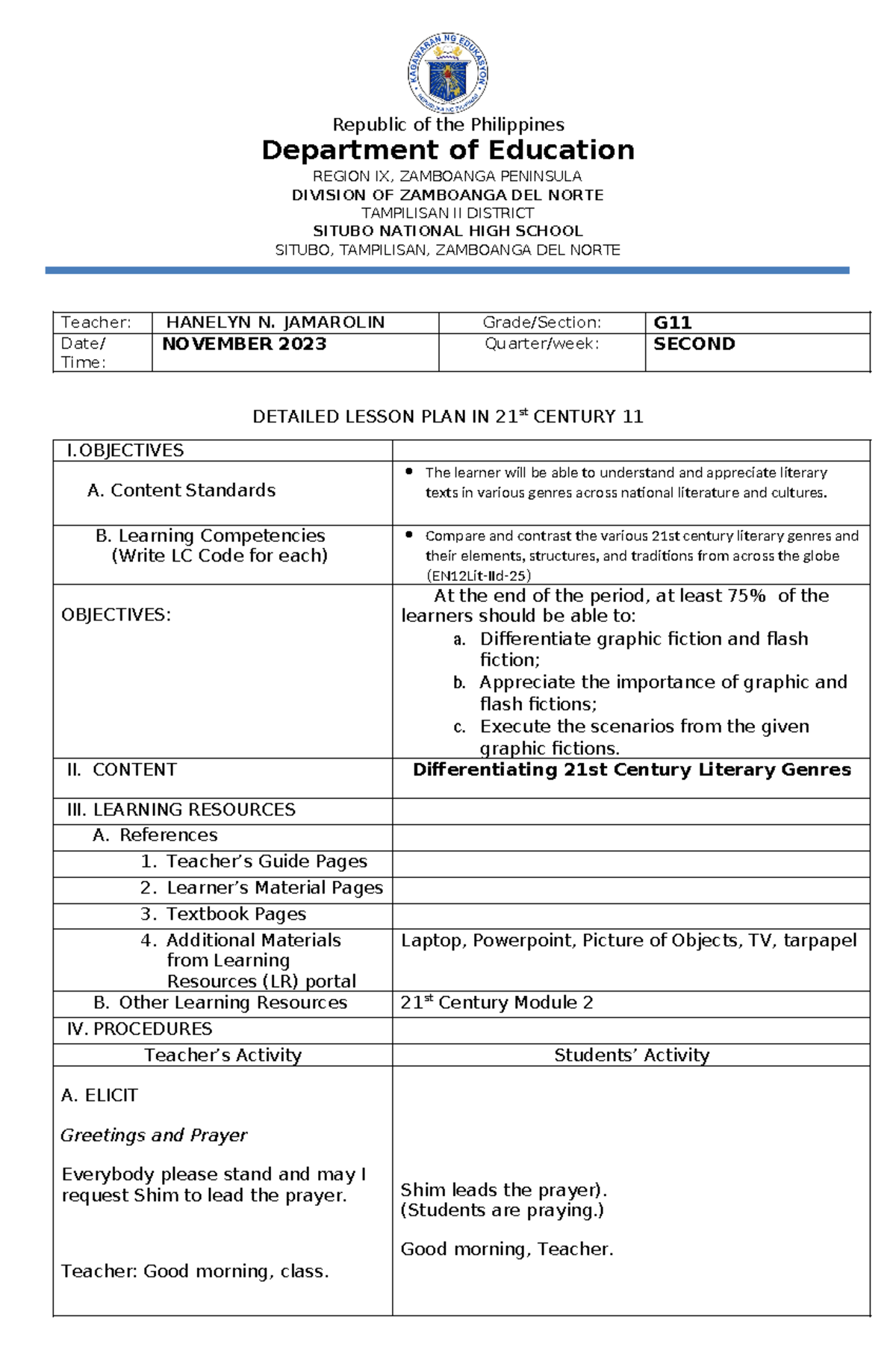 Lesson PLAN 21st century - Republic of the Philippines Department of ...