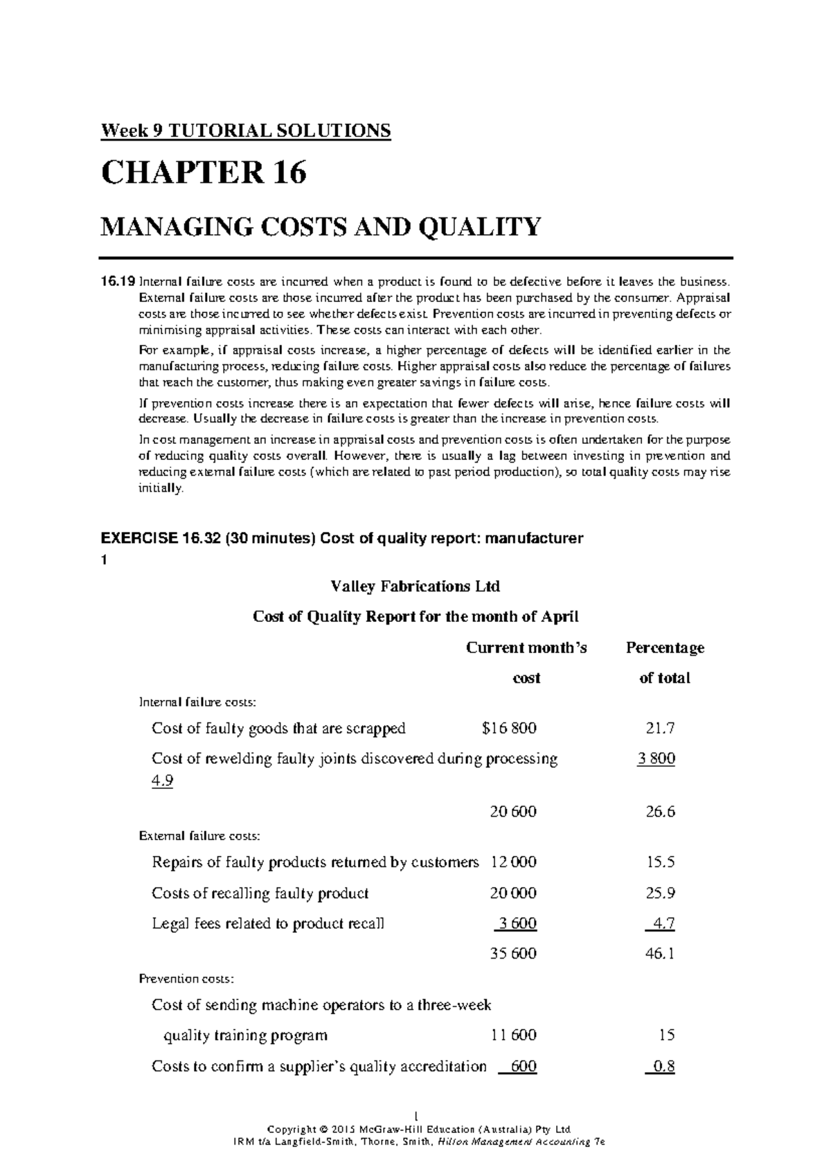ACF3200 Week 9 Tutorial Solutions - Managing Quality - 1 Copyright ...