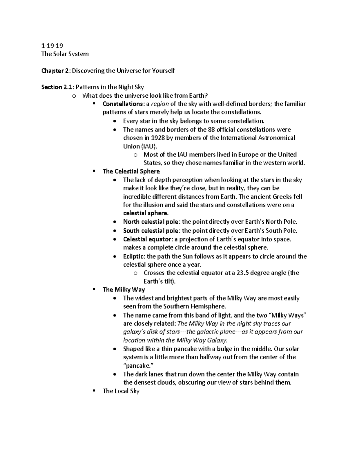 Chapter 2 - Lecture notes 2 - 1-19- The Solar System Chapter 2 ...
