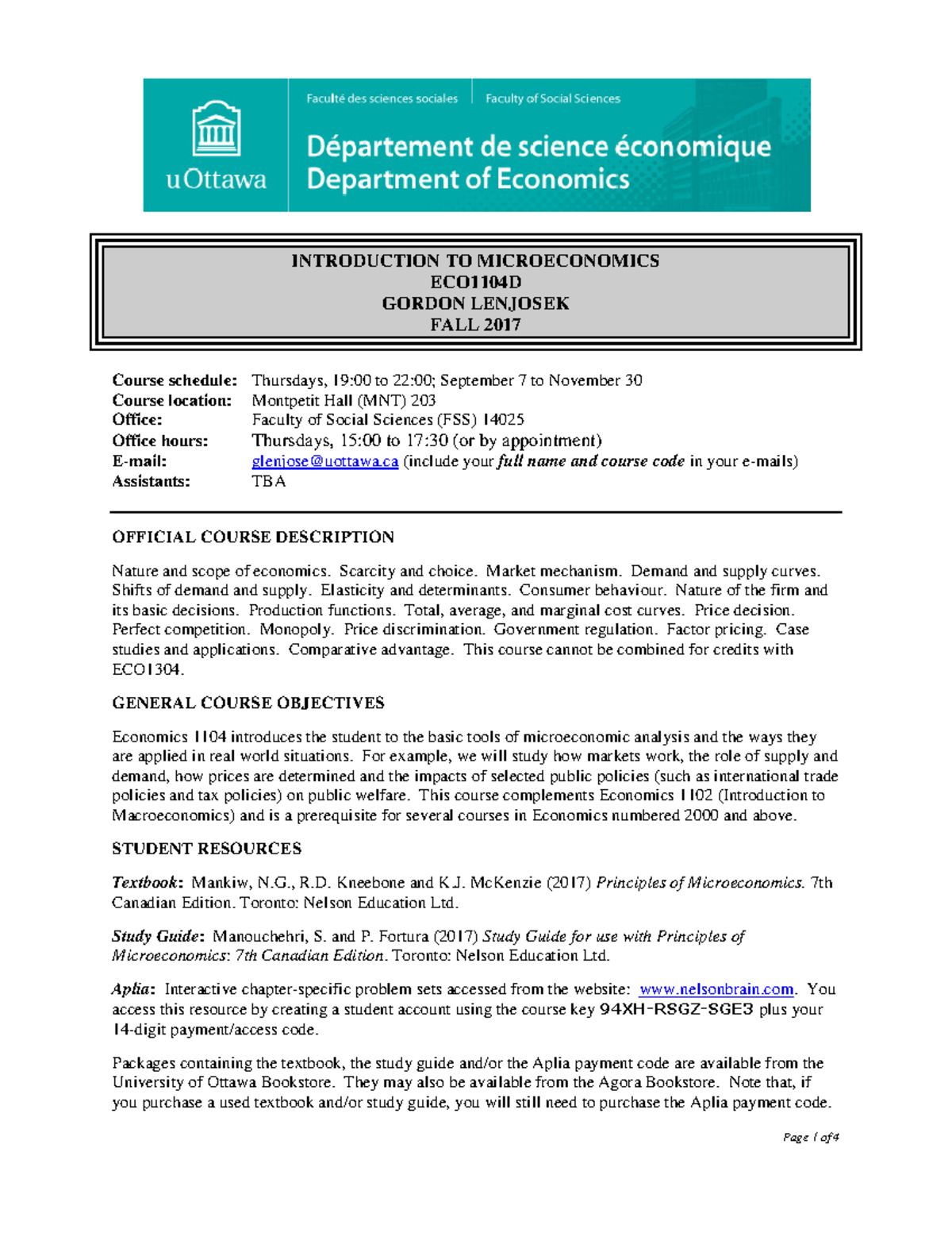 ECO1104 D, Course outline, Fall 2017 - Page 1 of 4 INTRODUCTION TO MICROECONOMICS ECO1104D ...