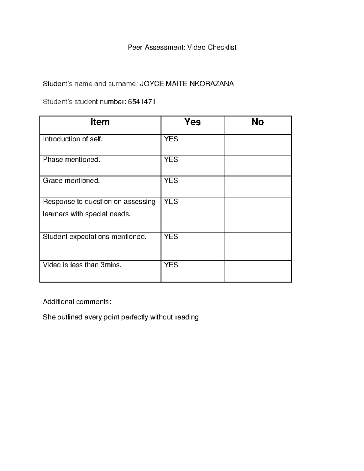 54115760 Peer Assessment Video Checklist - Peer Assessment: Video ...