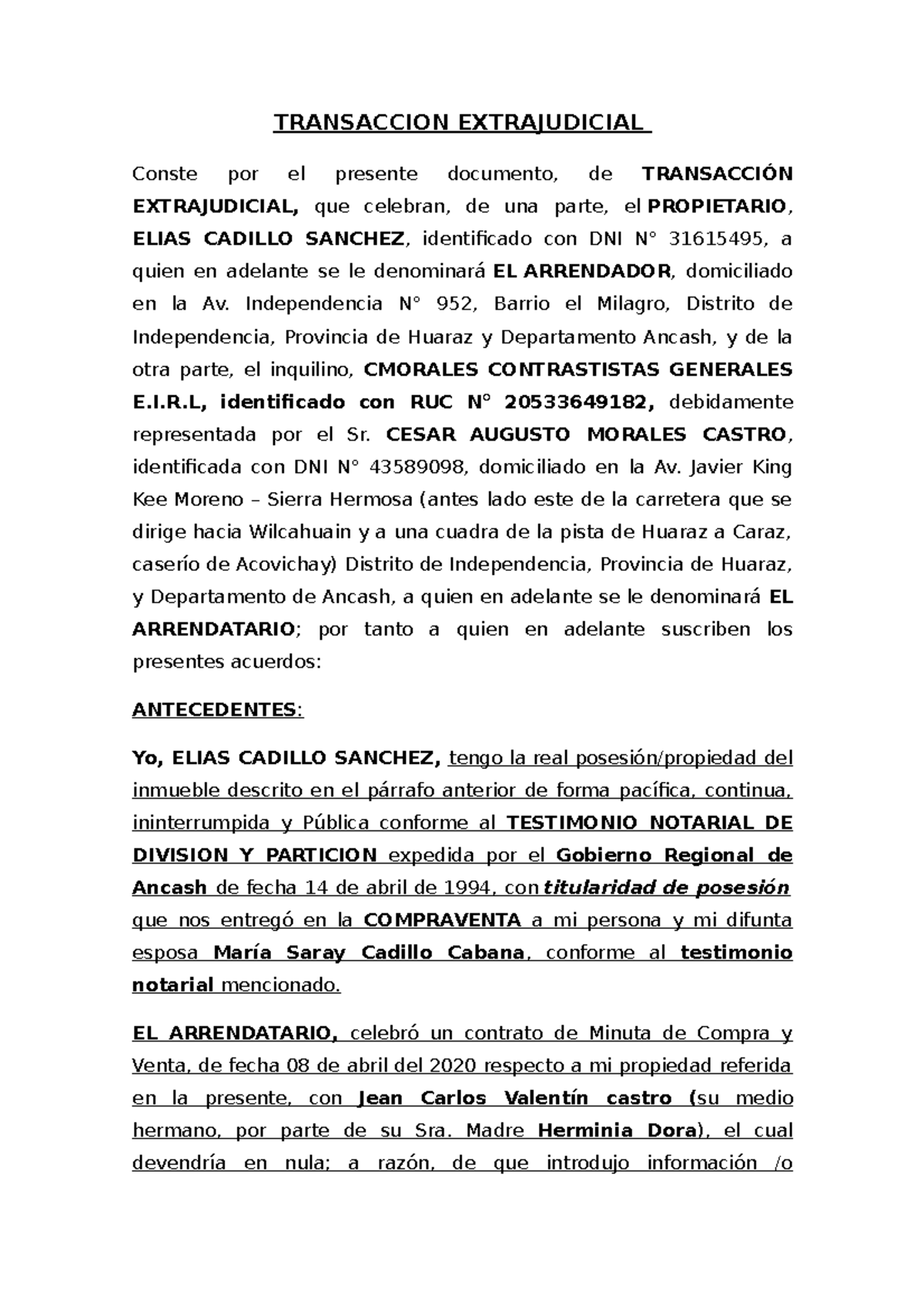 Transaccion Extrajudicial - TRANSACCION EXTRAJUDICIAL Conste por el ...