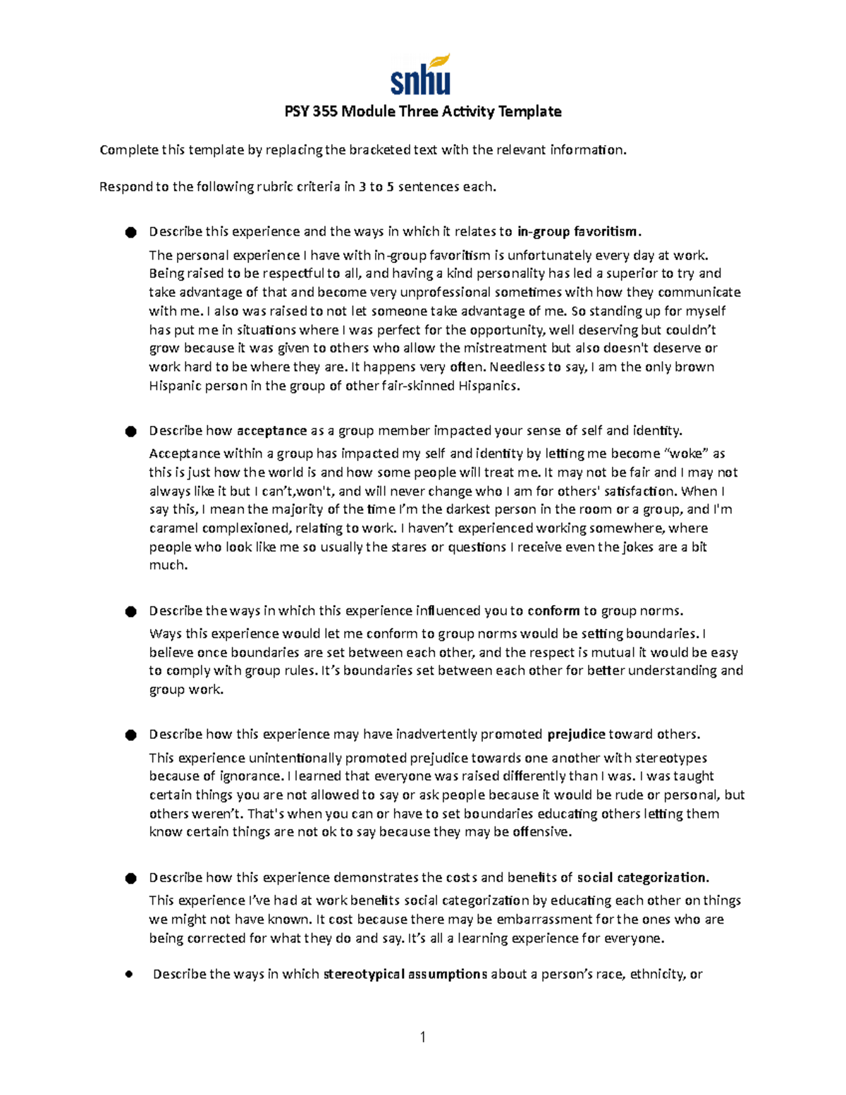 PSY 355 Module Three Activity Template - PSY 355 Module Three Activity Template Complete this ...