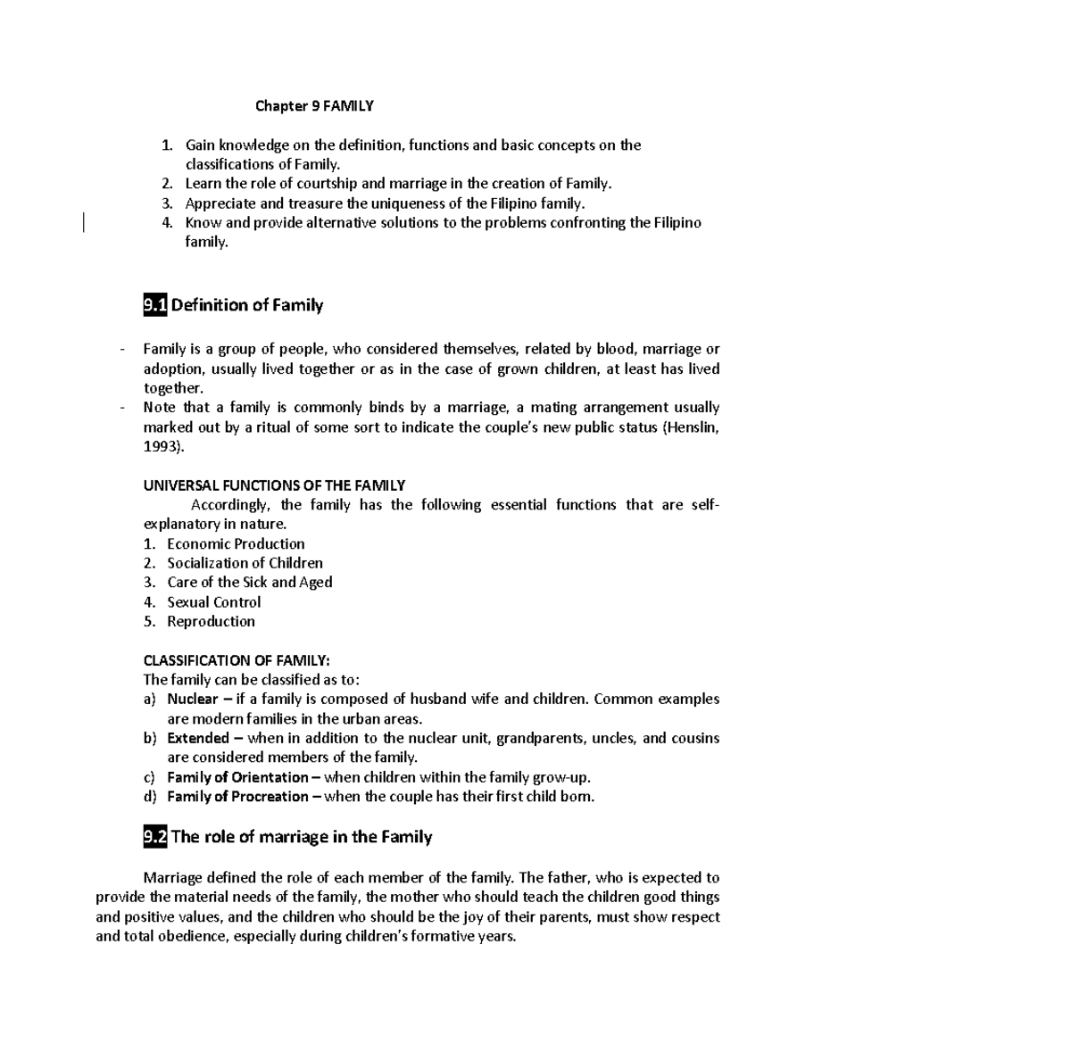 SOC SCI 1 chapter 9 - Chapter 9 FAMILY Gain knowledge on the definition ...