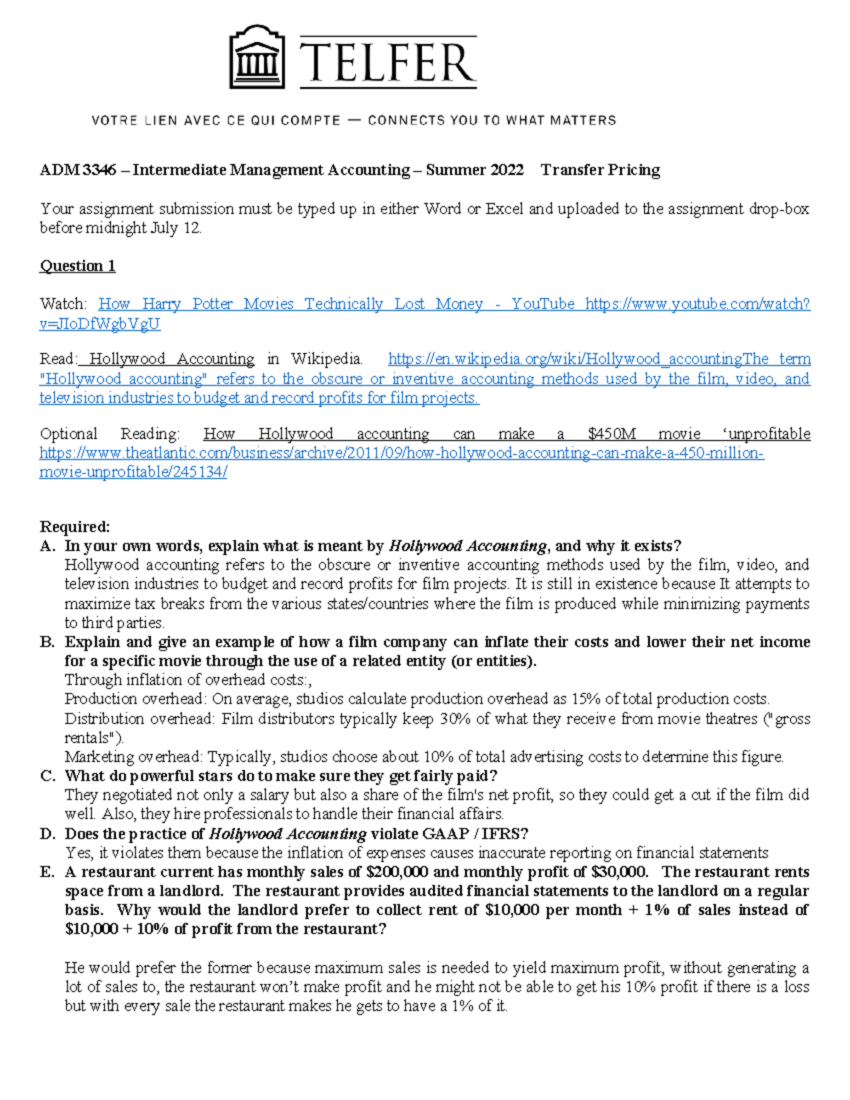ADM3346 Assignment 4 - ADM 3346 – Intermediate Management Accounting ...