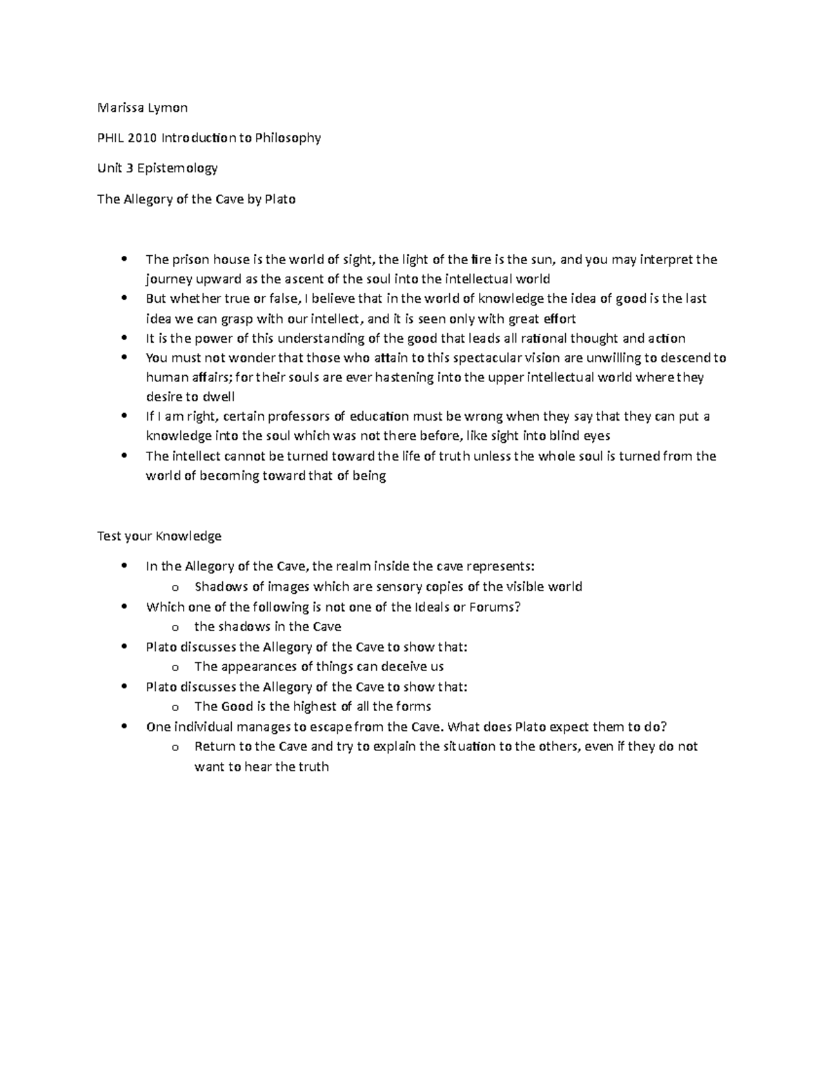 The Allegory of the Cave by Plato - Marissa Lymon PHIL 2010 ...