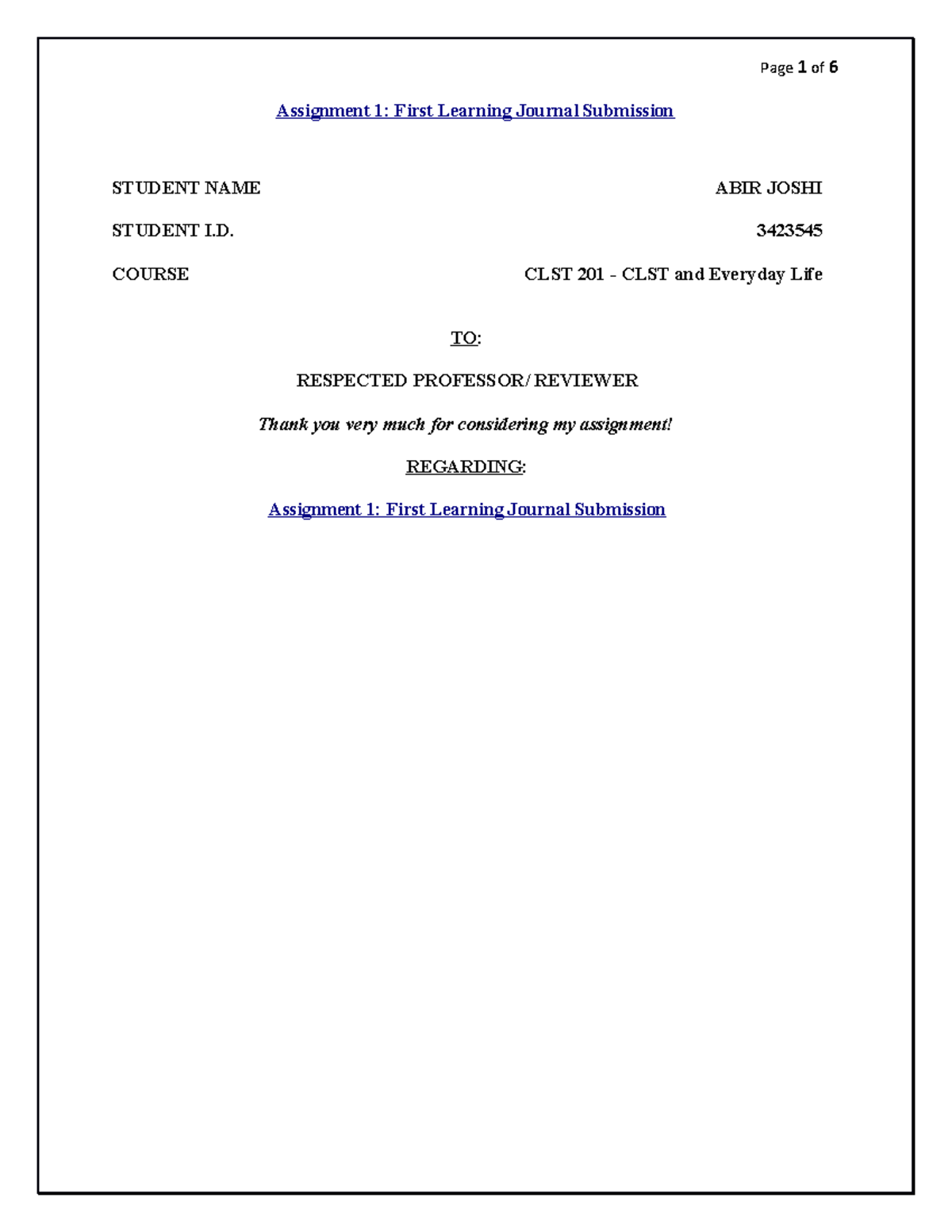 Assignment 1 First Learning Journal Submission - Page 1 of 6 Assignment ...