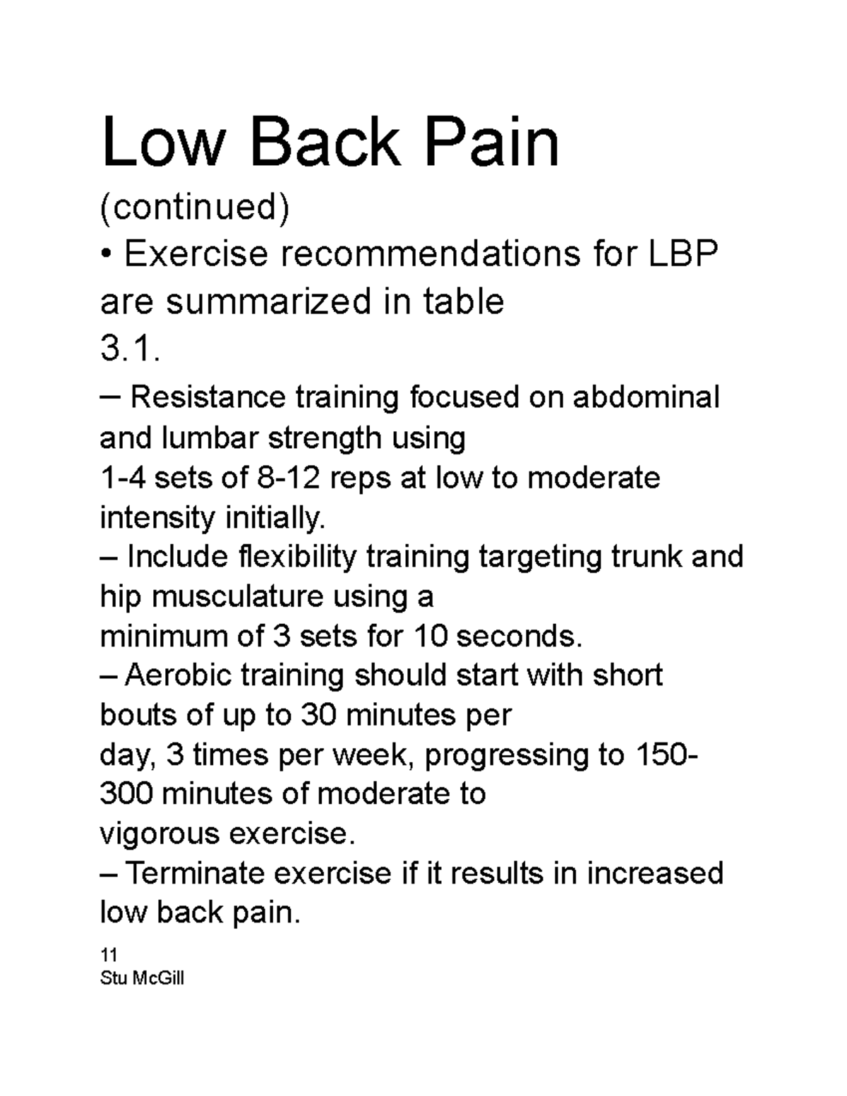 health disorders notes - Low Back Pain (continued) Exercise ...