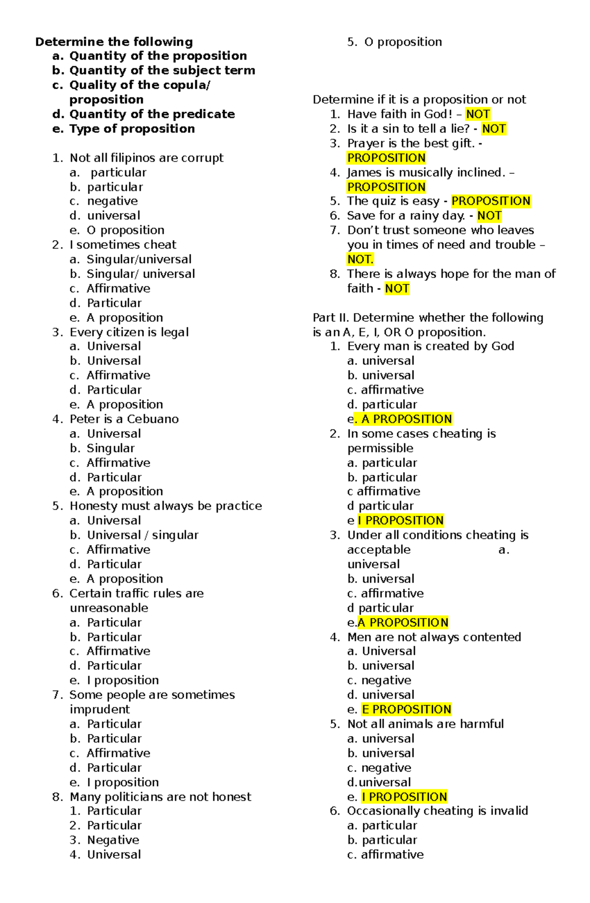 Logic Proposition Activity Answers - Determine the following a ...
