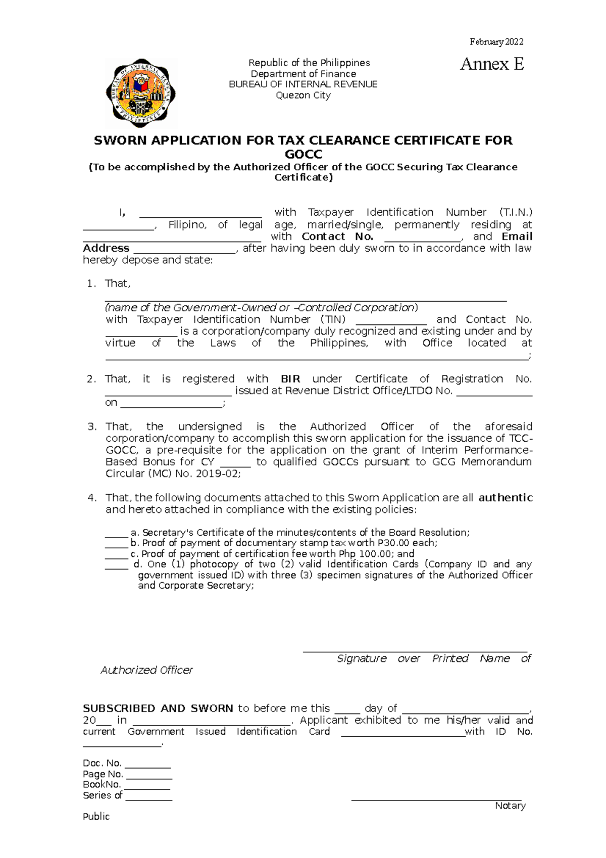 Annex E TCC-GOCC Sworn Application - February 2022 Republic of the Philippines Department of ...