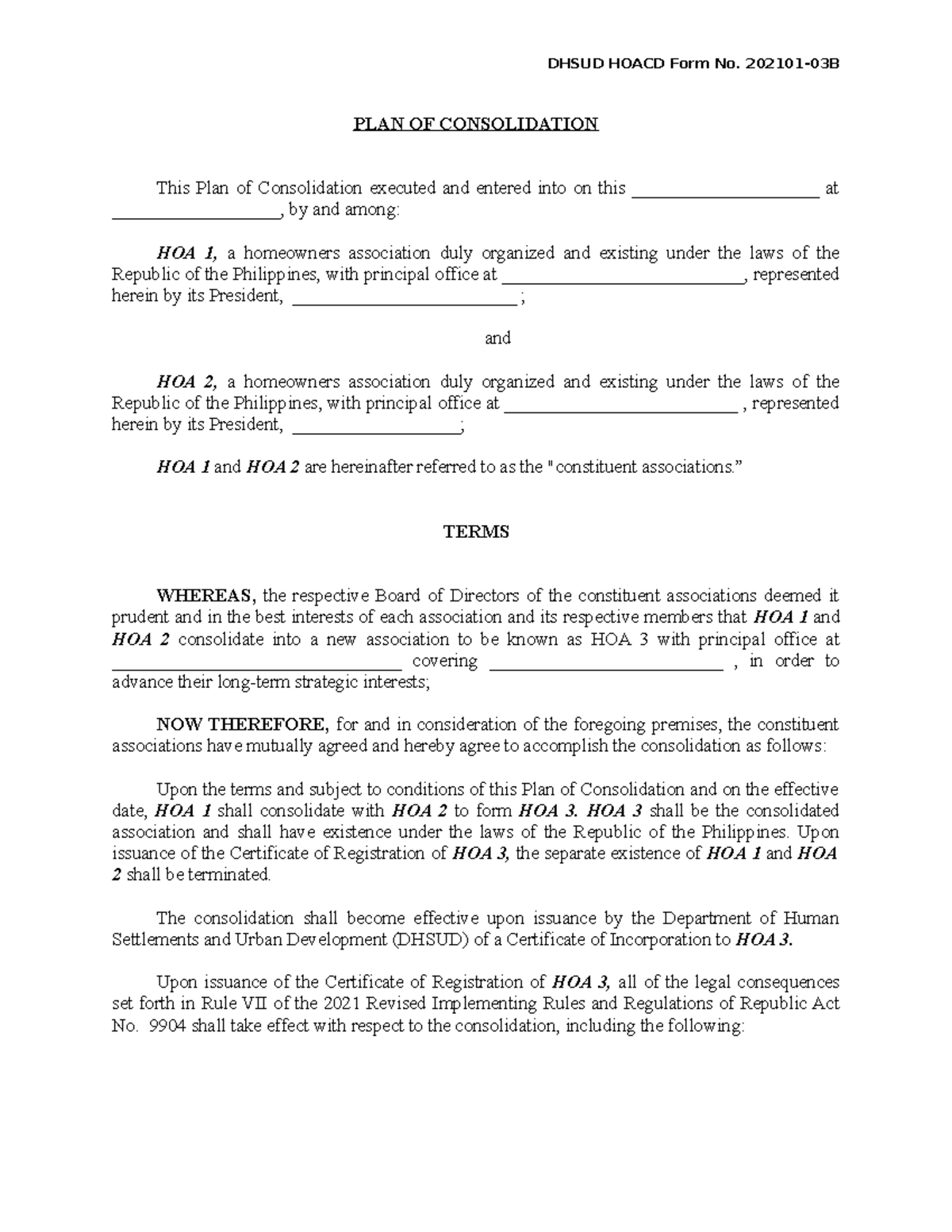 Plan of consolidation v.26 oct 2021 - DHSUD HOACD Form No. 202101-03B ...