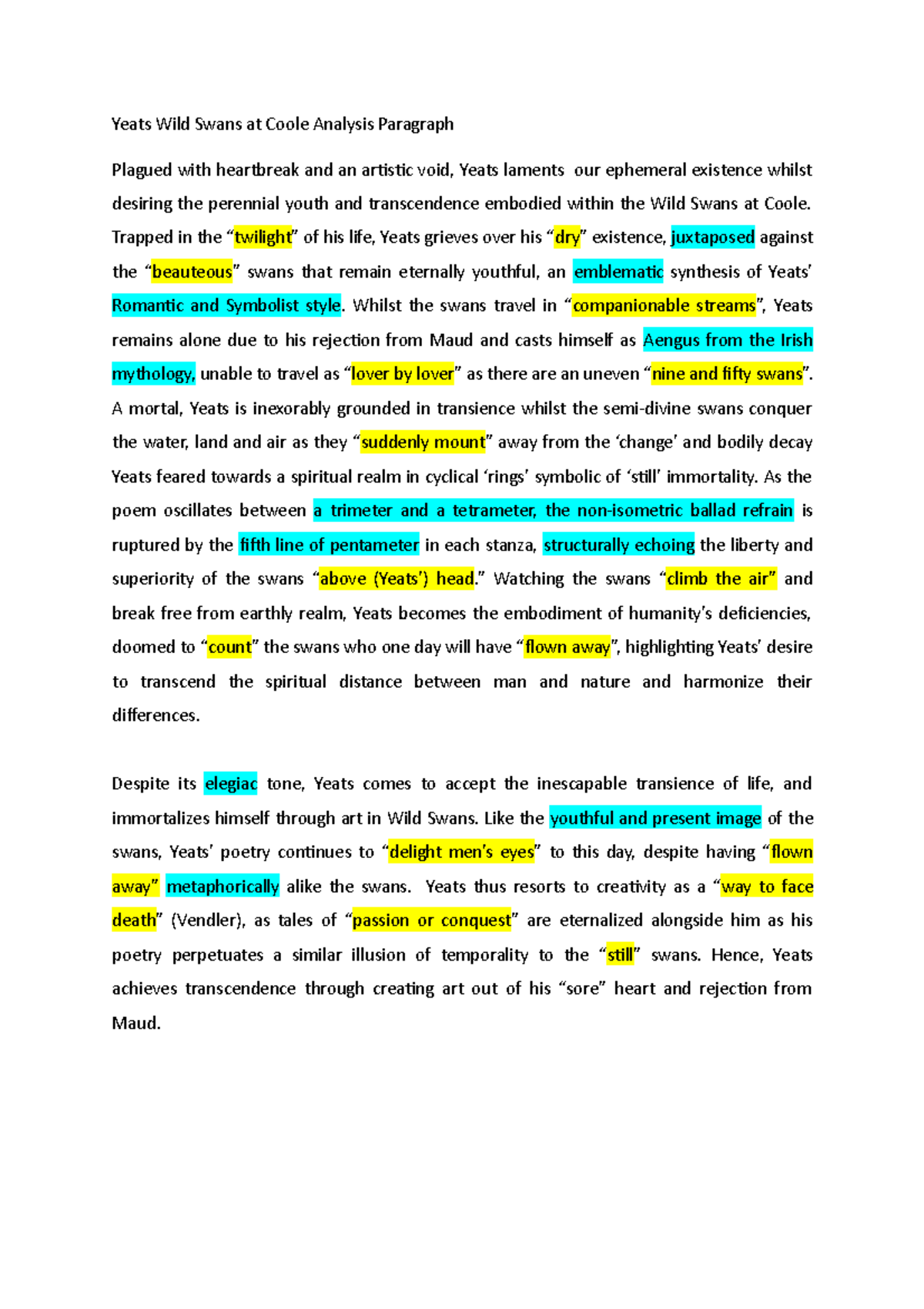 Yeats Wild Swans at Coole Analysis Paragraph - Trapped in the “twilight ...