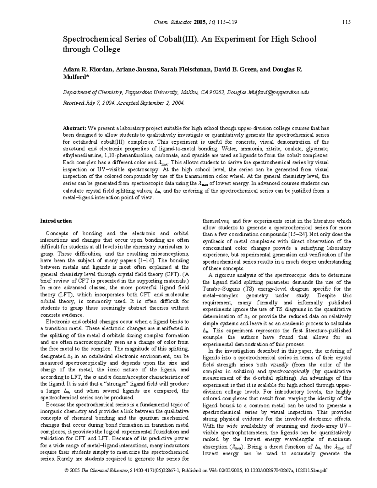 Co Tanabe Sugano UV - Lecture notes 1 - Chem. Educator 2005, 10, 115 ...