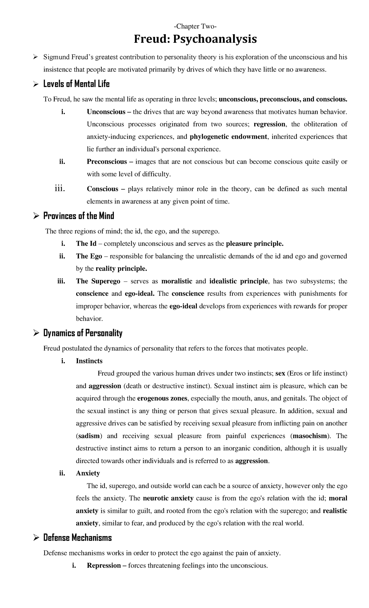 Chapter Summary Freud - BS Psychology - StuDocu