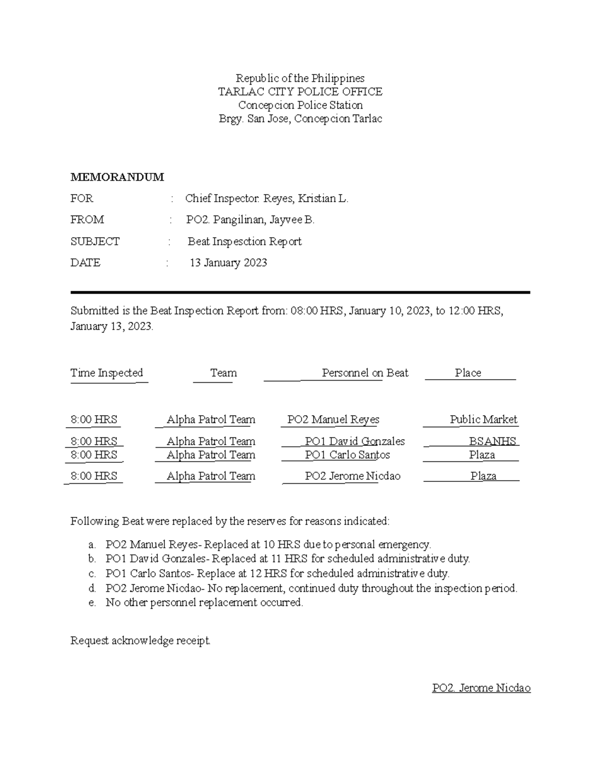 Beat Inspection Report - Republic of the Philippines TARLAC CITY POLICE ...
