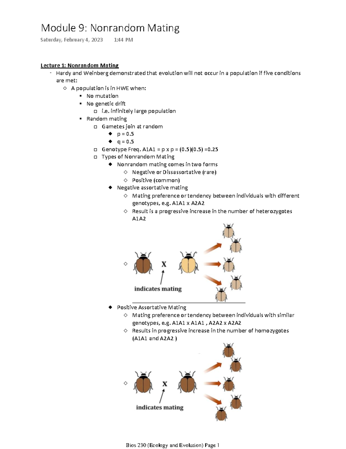 Bios 230 (Ecology and Evolution) Module 9 - Lecture 1: Nonrandom Mating ...