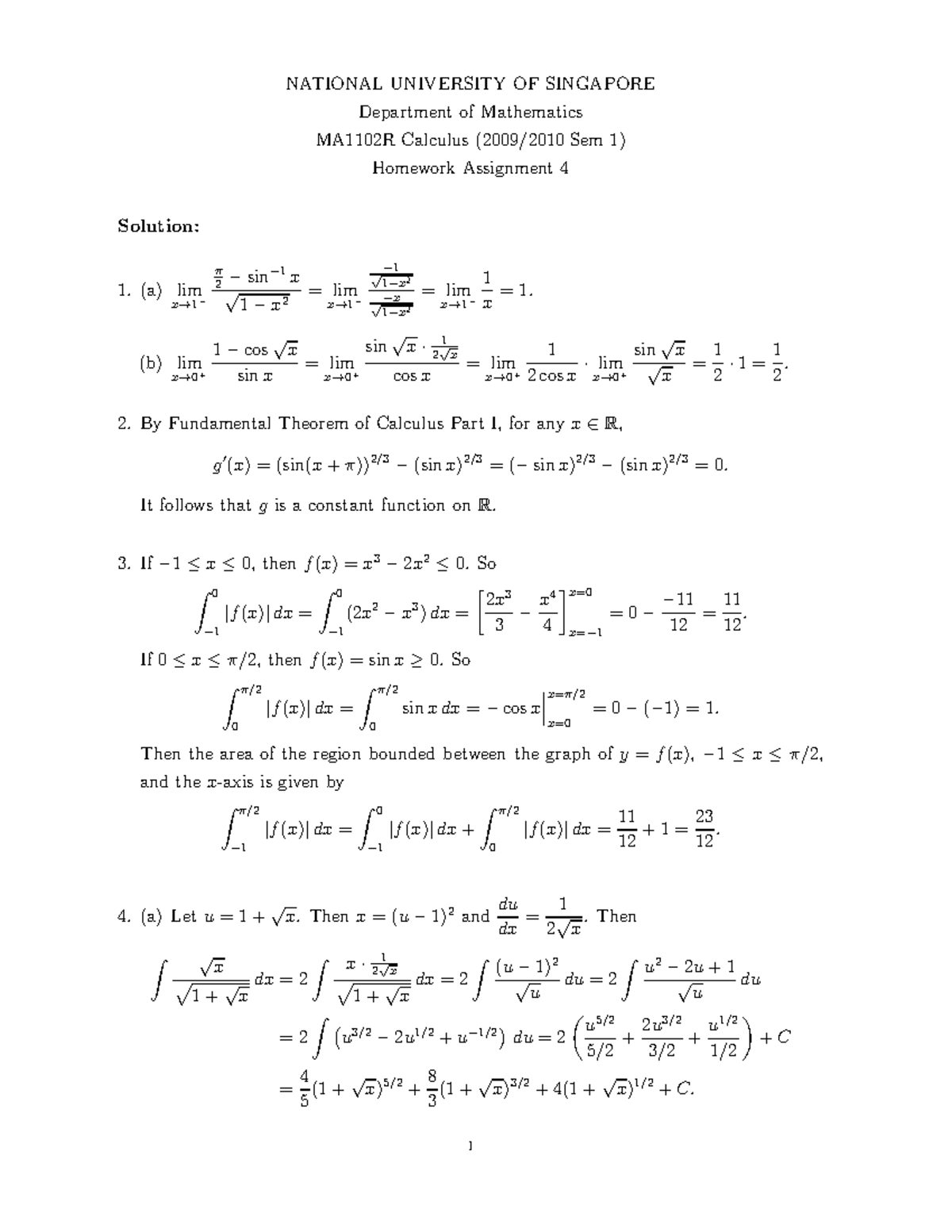 MA1102R 09assignsol 4 - NATIONAL UNIVERSITY OF SINGAPORE Department of Mathematics MA1102R ...