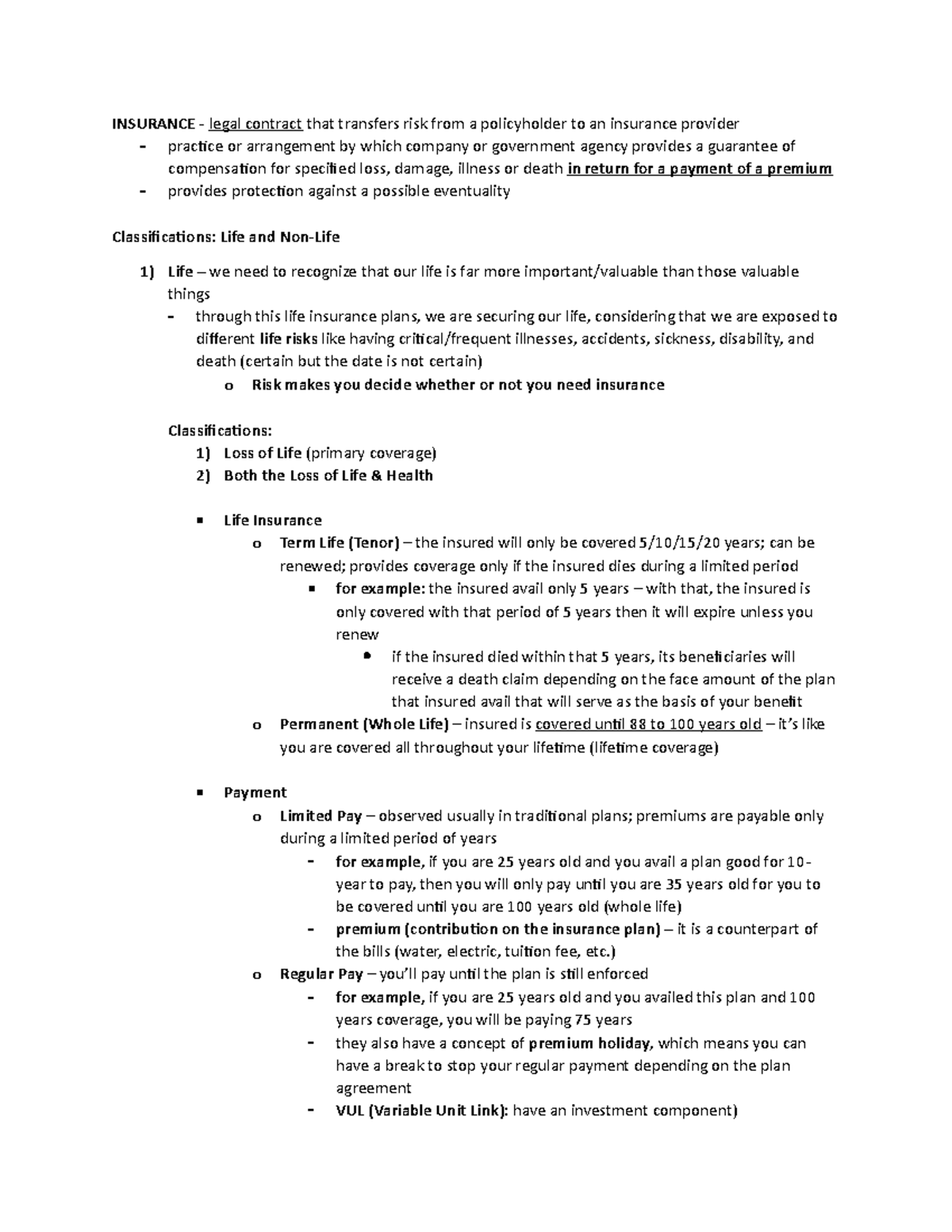 Insurance notes - INSURANCE - legal contract that transfers risk from a ...