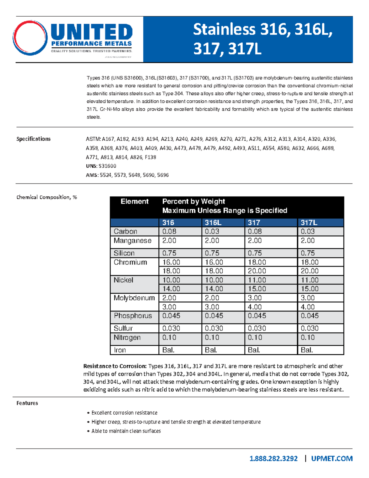 316-316l - Stainless 316, 316L, 317, 317L 1.888.282 | UPMET Types 316 (UNS S31600), 316L(S31603 ...