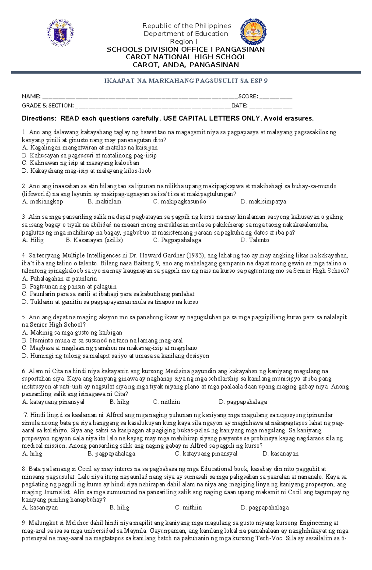 ESP 9 Q4 EXAM - BOOK - Republic of the Philippines Department of ...