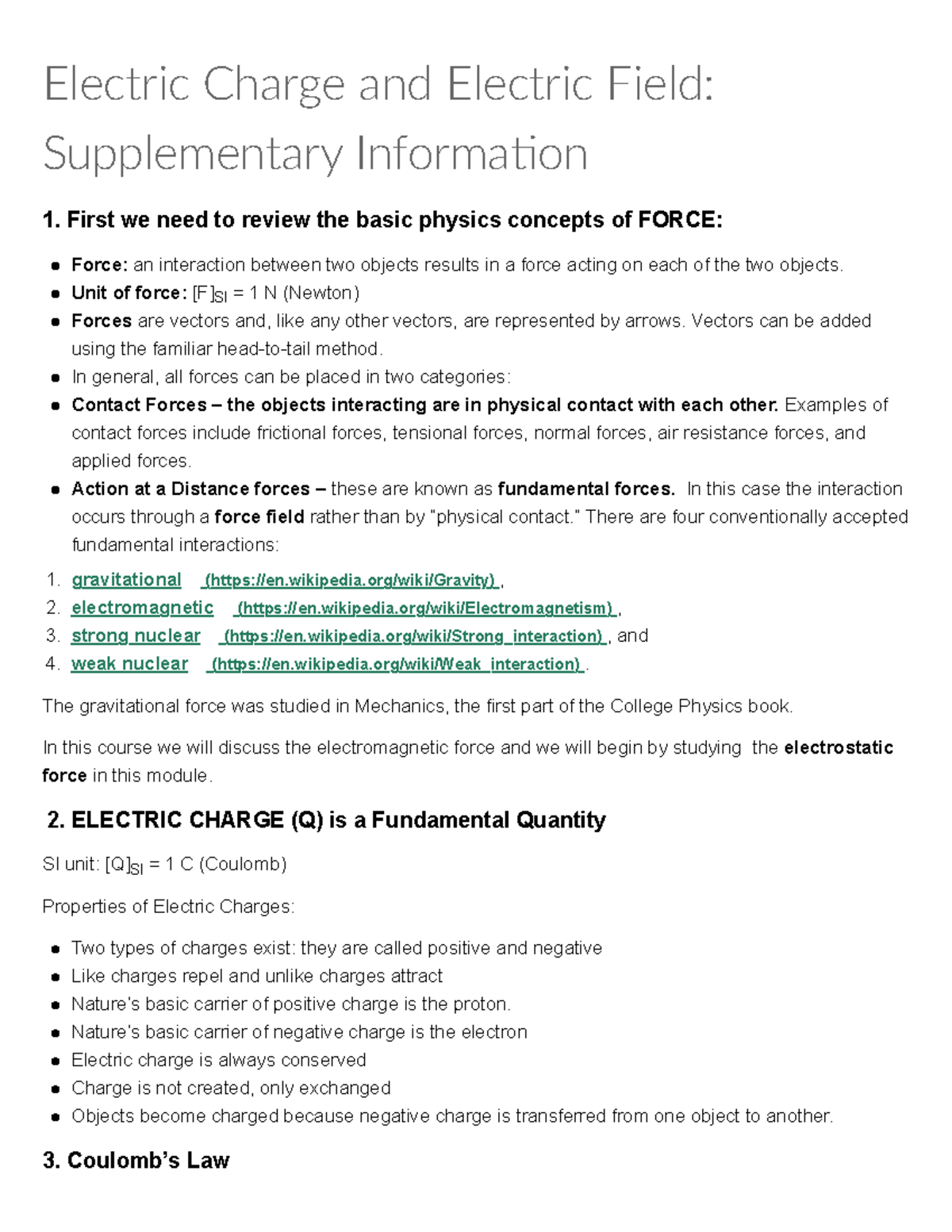 Electric Charge and Electric Field Notes - Electric Charge and Electric ...
