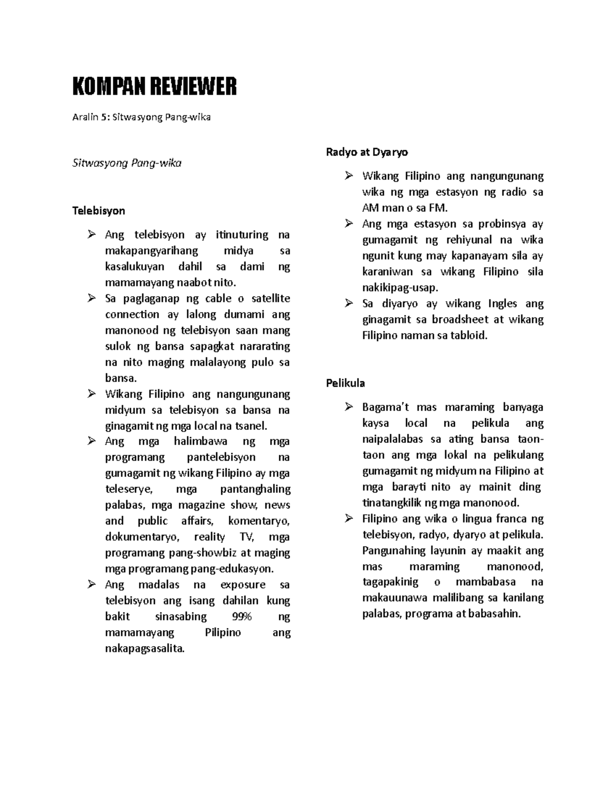 Kompan Reviewer - nygyg - KOMPAN REVIEWER Aralin 5: Sitwasyong Pang ...