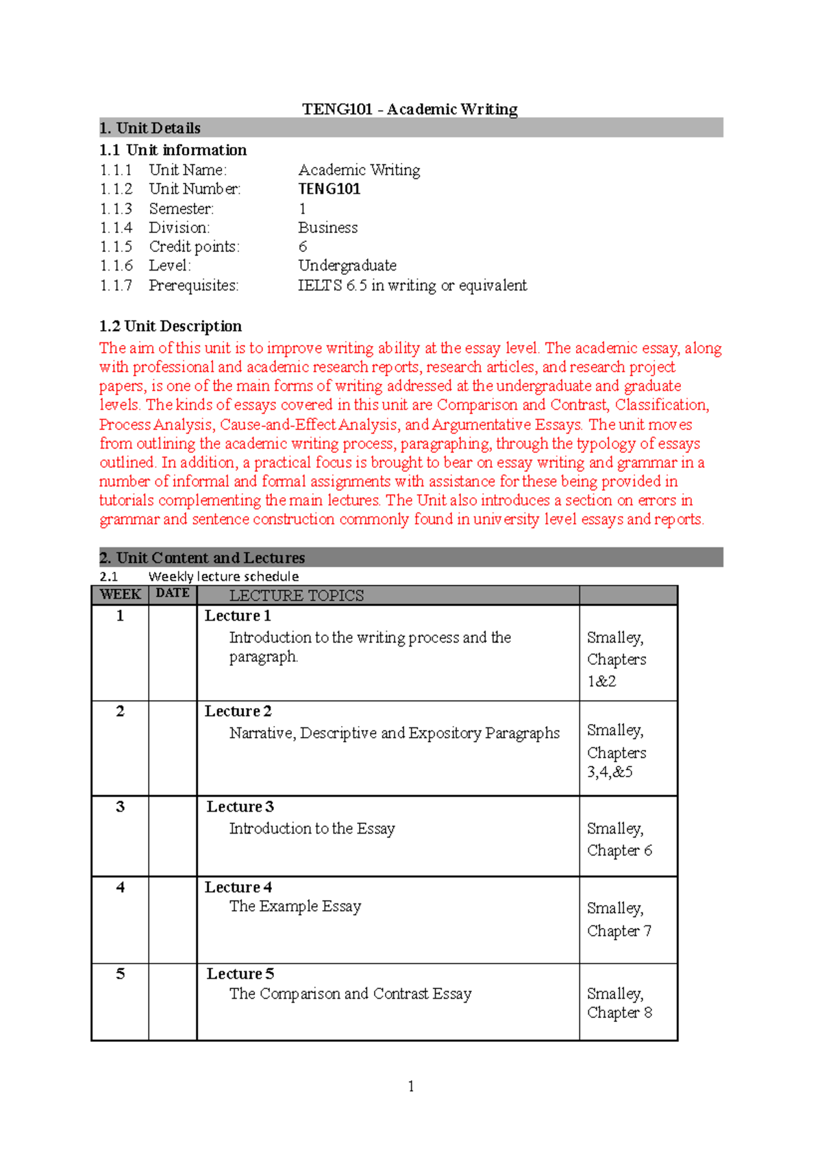 TENG101 Academic Writing - TENG101 - Academic Writing Unit Details 1 ...