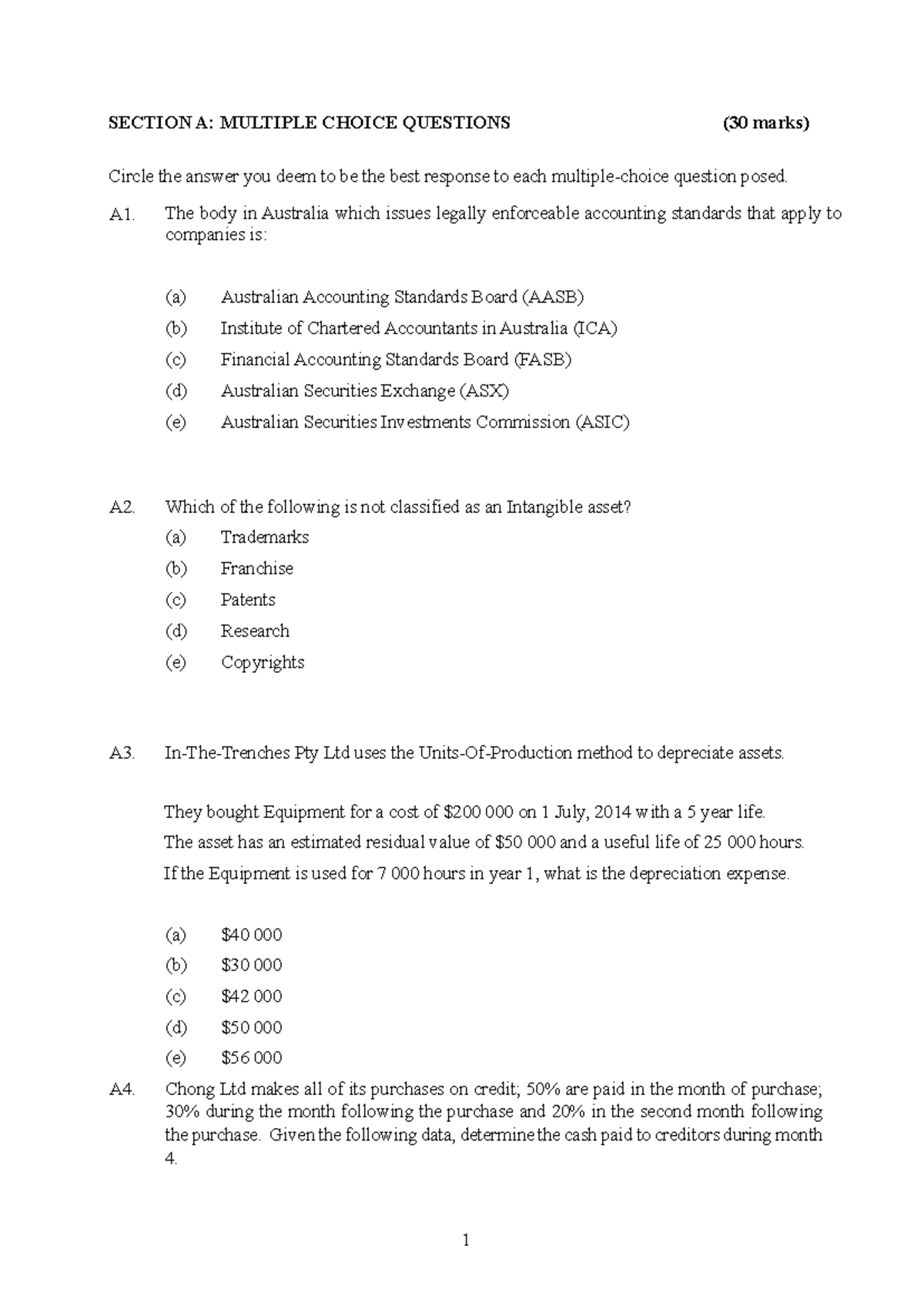 (2024) ACCT1101 Mock Final Exam Semester 2 - Questions (Revision ...