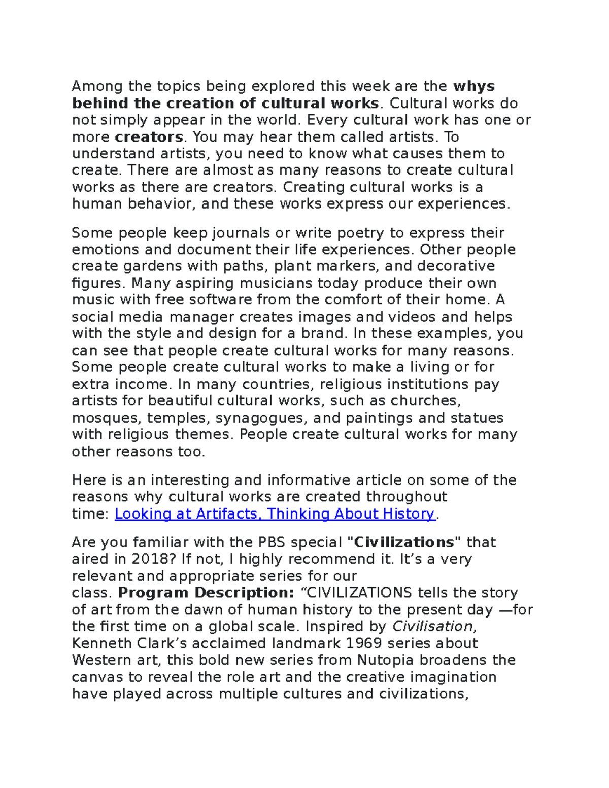 Cultural works notes - Among the topics being explored this week are ...