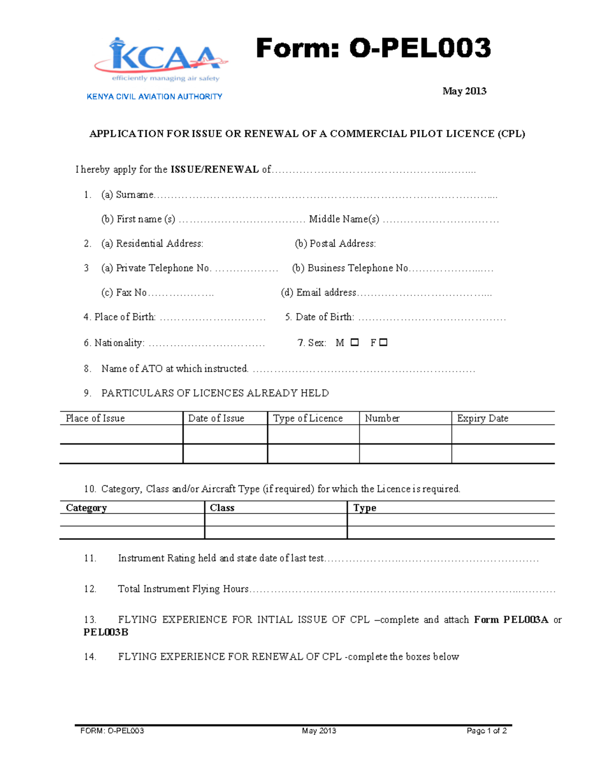 O-PEL003 Application for issue or Renewal of CPL - FORM: O-PEL003 May ...