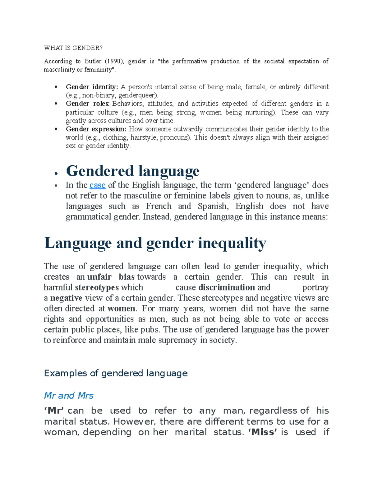 WHAT-IS- Gender - WHAT IS GENDER? According to Butler (1990), gender is ...