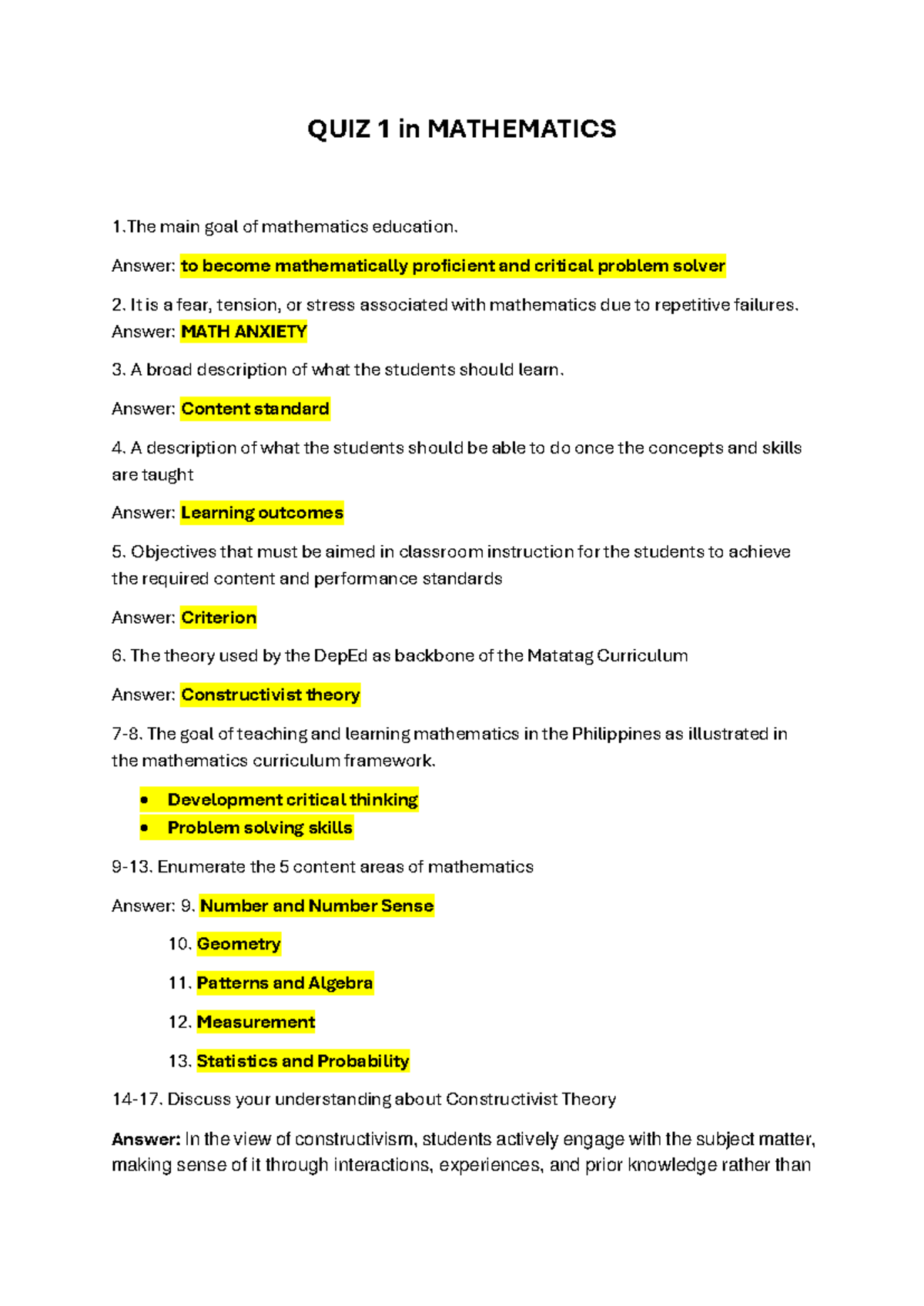 Math Reviewer - acad purposes - QUIZ 1 in MATHEMATICS 1 main goal of ...