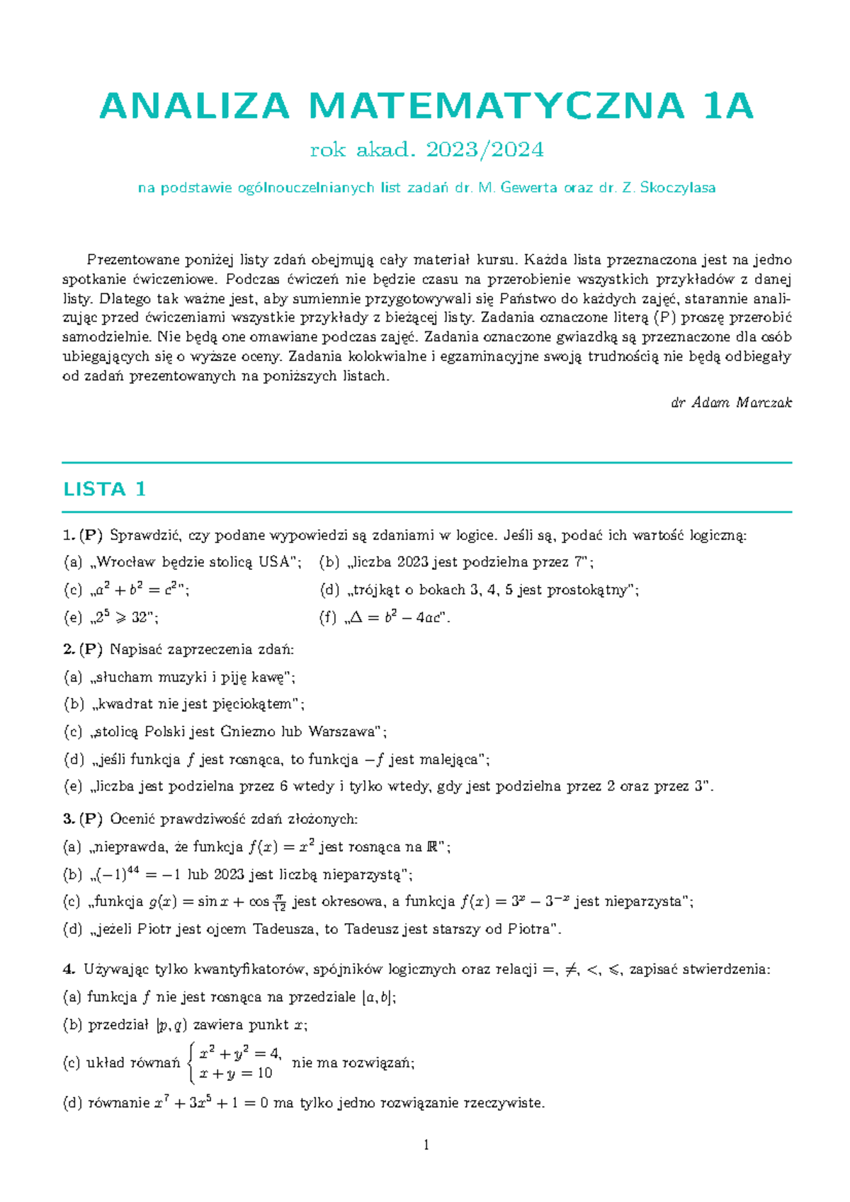 Lista zadań analiza 1 - ANALIZA MATEMATYCZNA 1A rok akad. 2023/ na podstawie ogólnouczelnianych ...