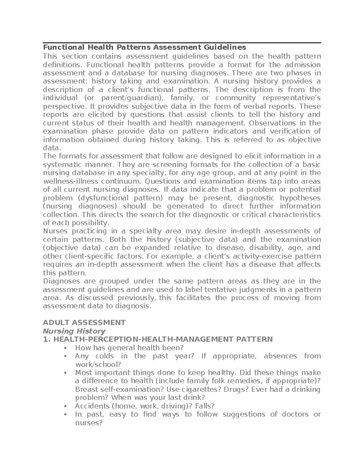 Functional Health Patterns Assessment Guidelines - Functional health ...
