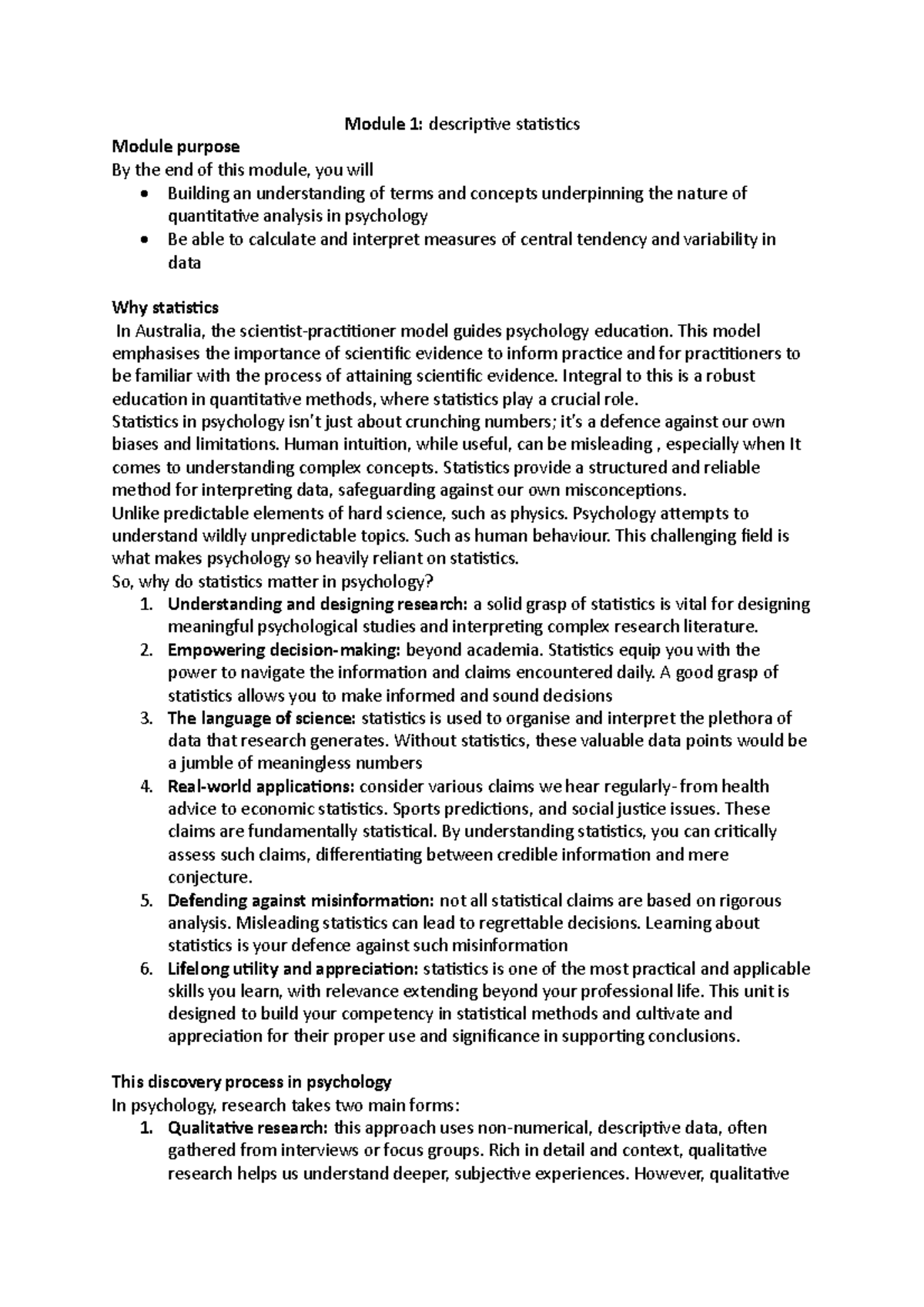 STAT2002 quantatative methods in psychology - Module 1: descriptive ...