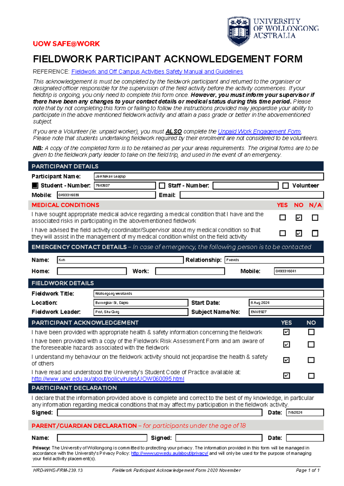 Field work acknowledgement form uow017025 - HRD-WHS-FRM-239 Fieldwork ...