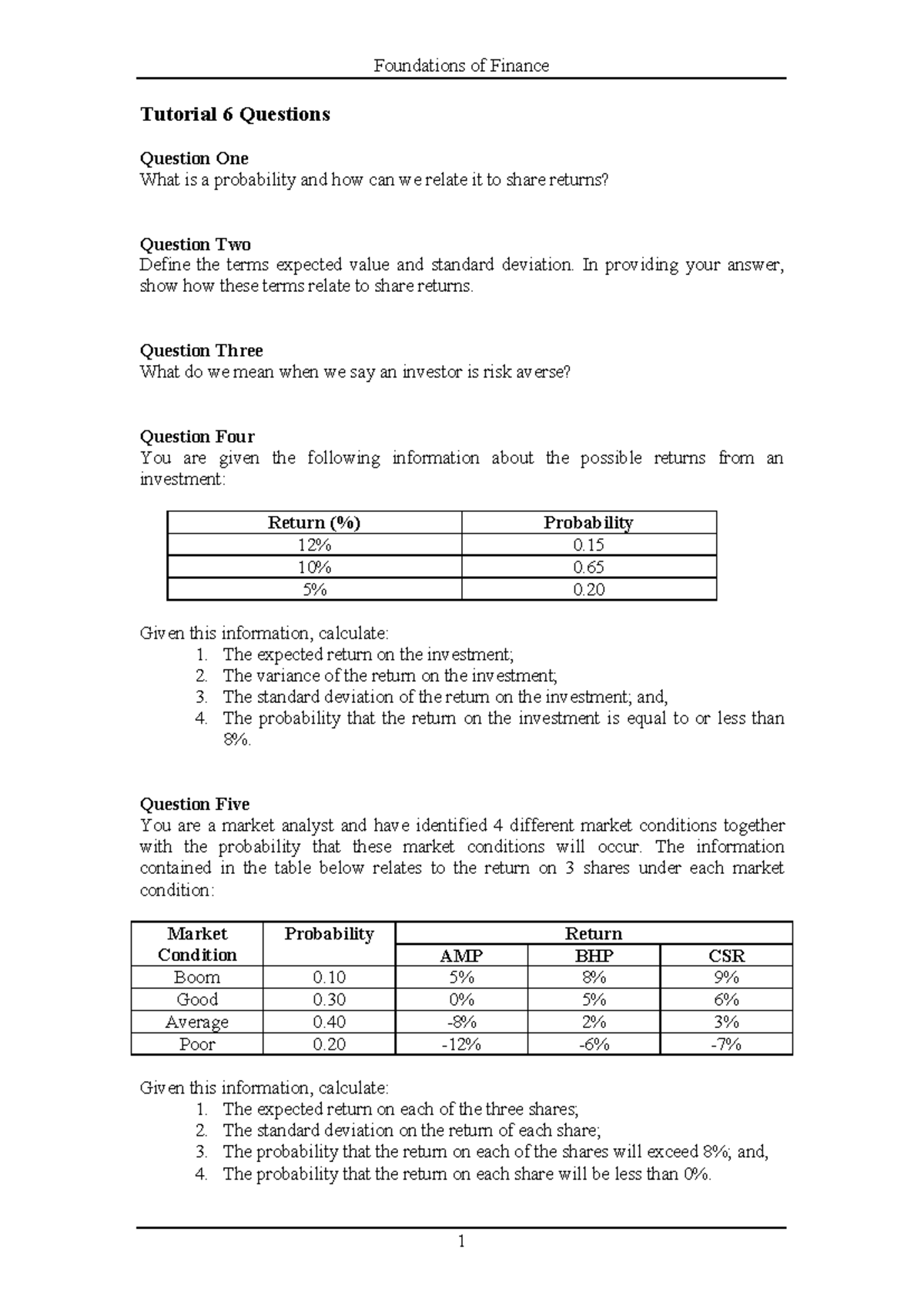 Tutorial 6 Questions - Foundations of Finance 1 Tutorial 6 Questions Question One What is a ...