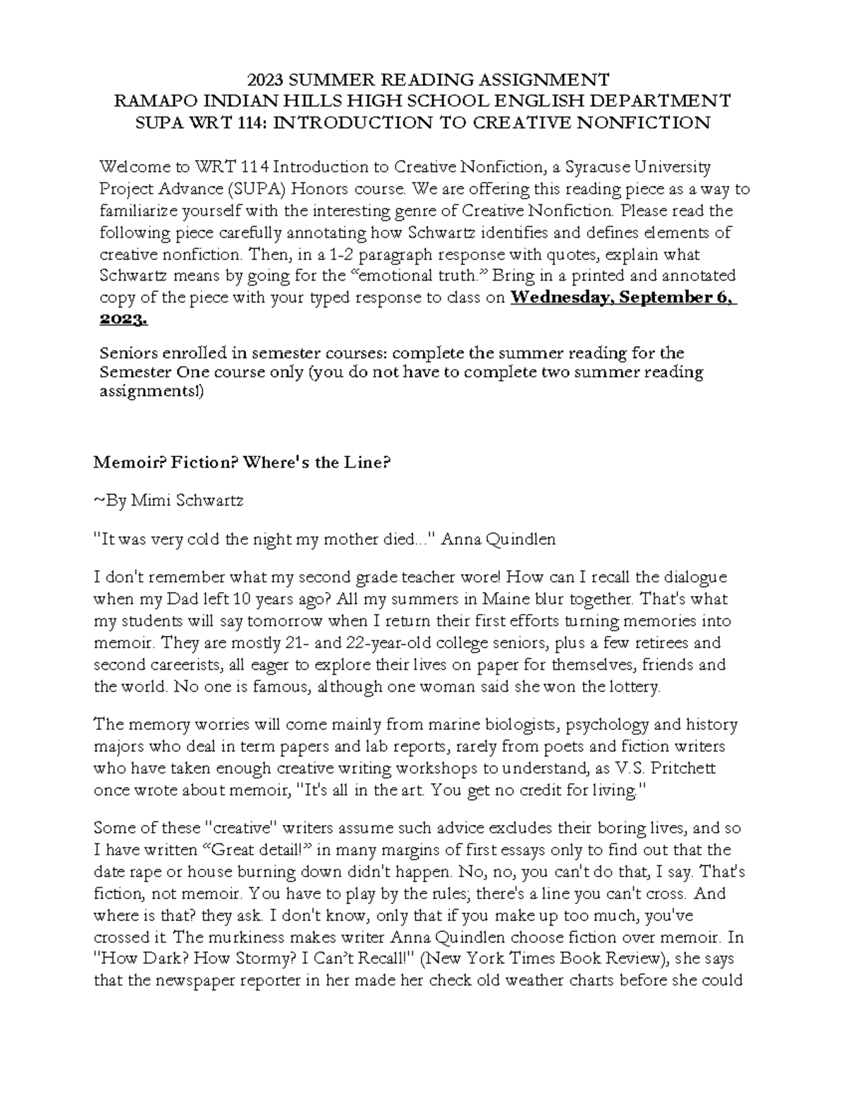 2023 SUPA WRT 114 (Creative Nonfiction) Summer Reading - 2023 SUMMER ...