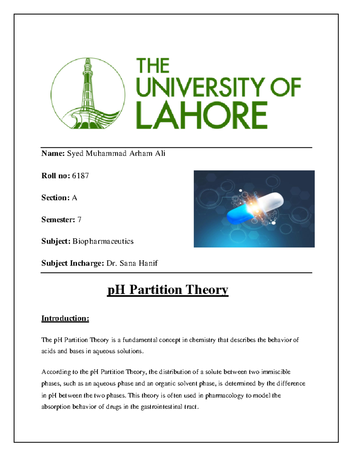 Biopharm Assignment 1 - Help materiasl - Name: Syed Muhammad Arham Ali ...
