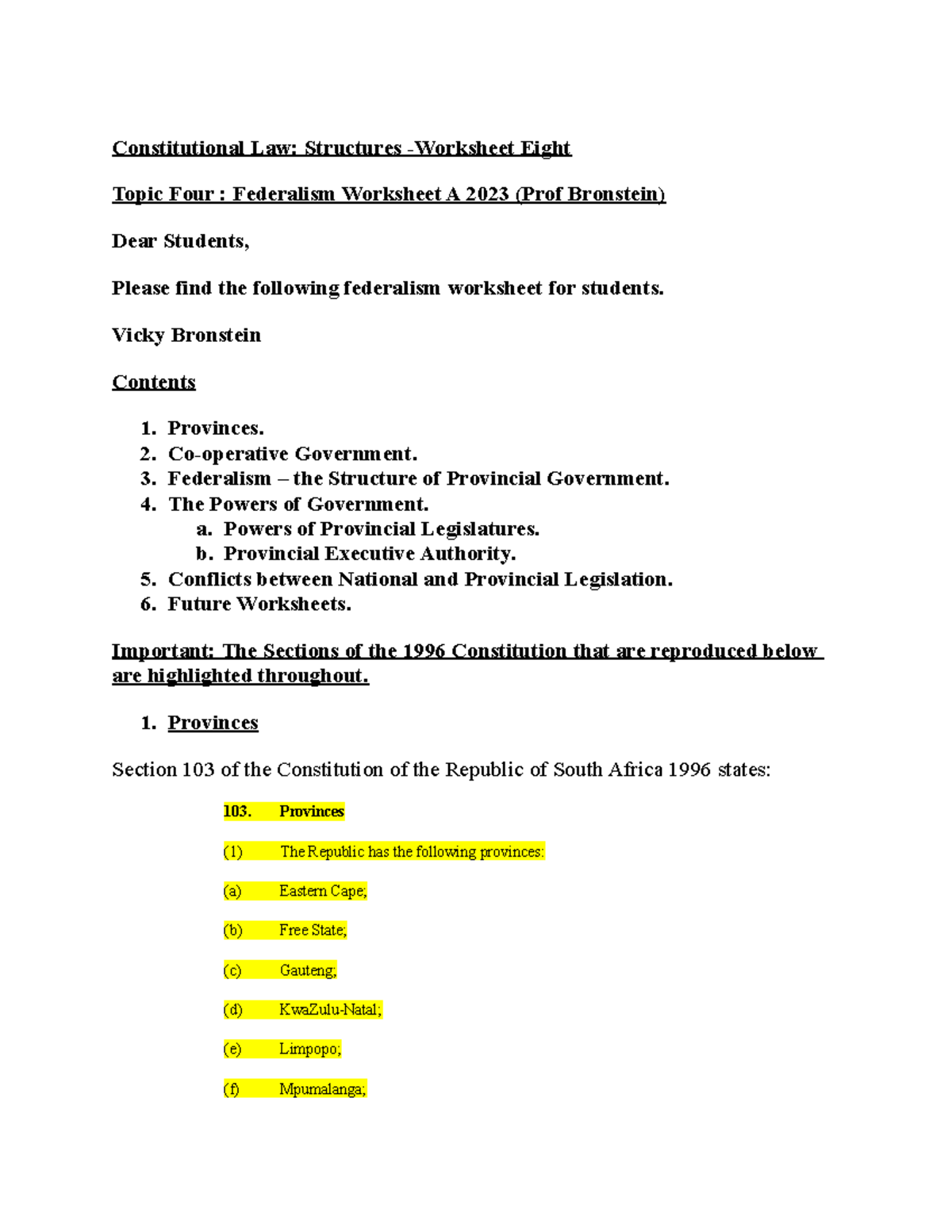 Federalism Worksheet One 2023 Bronstein - Constitutional Law ...