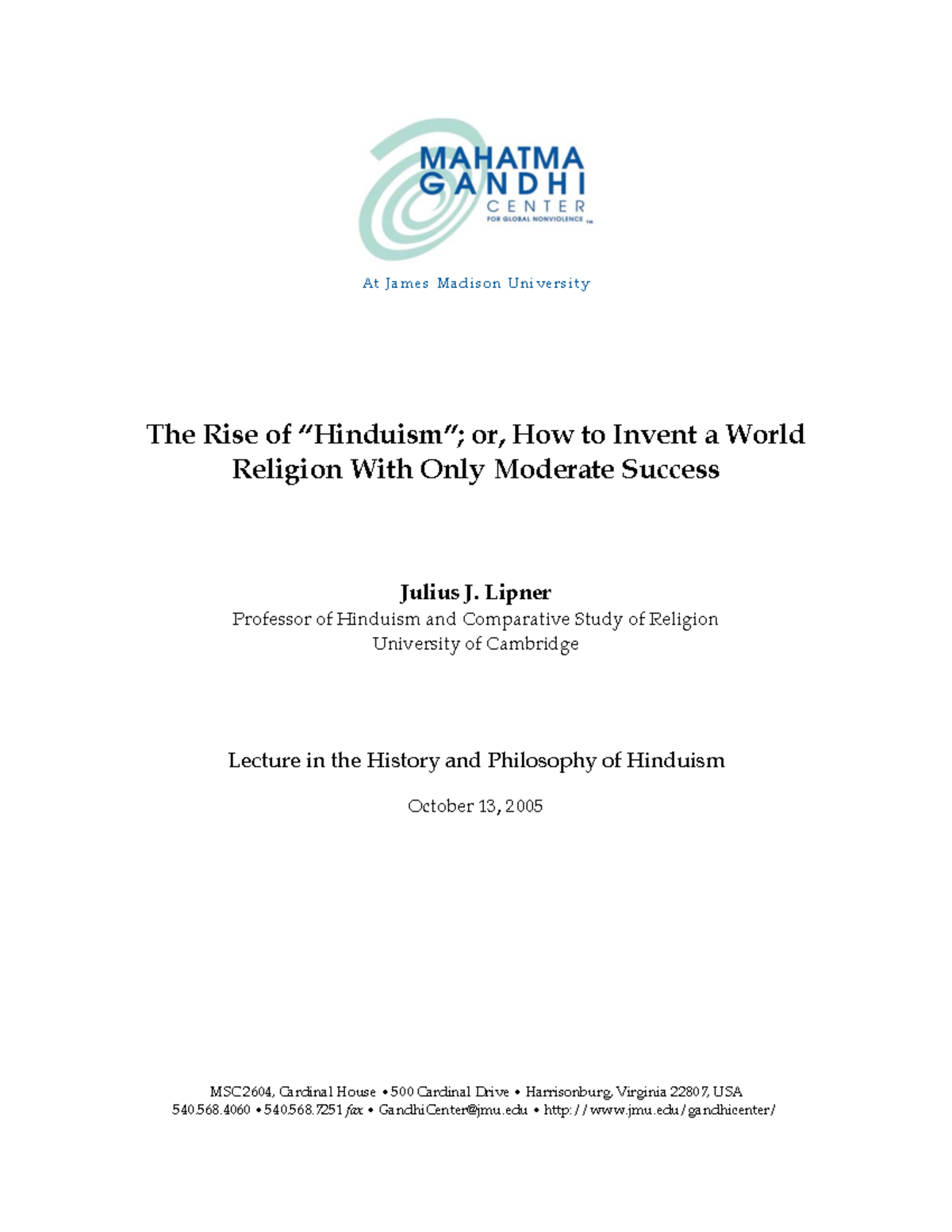 Lipner. Rise of Hinduism - A t J a m e s M a d i s o n U n i v e r s i ...