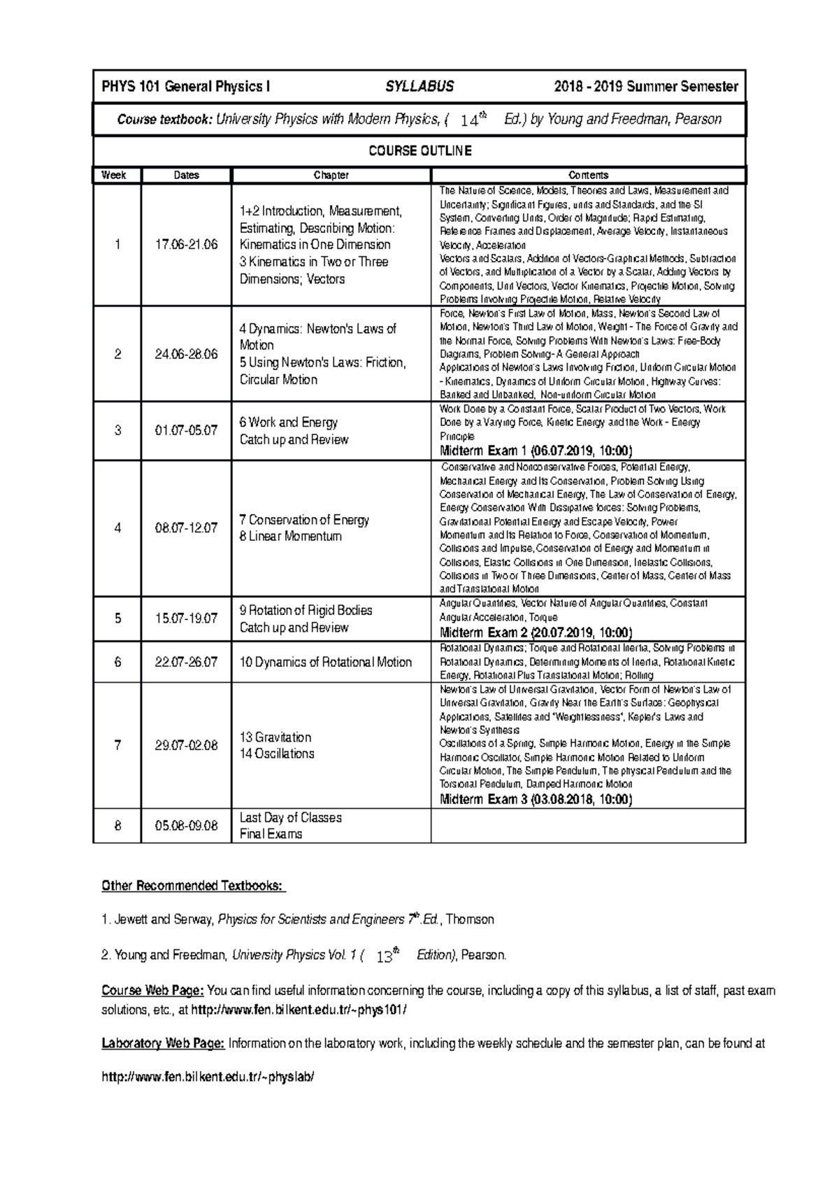 P 101 Syllabus - PHYS 101 General Physics I SYLLABUS 2018 - 2019 Summer Semester Course textbook ...