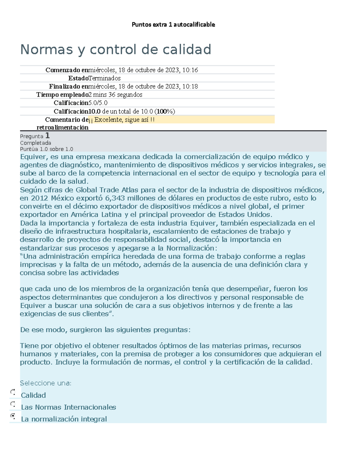Puntos extra 1 autocalificable - Puntos extra 1 autocalificable Normas y control de calidad ...