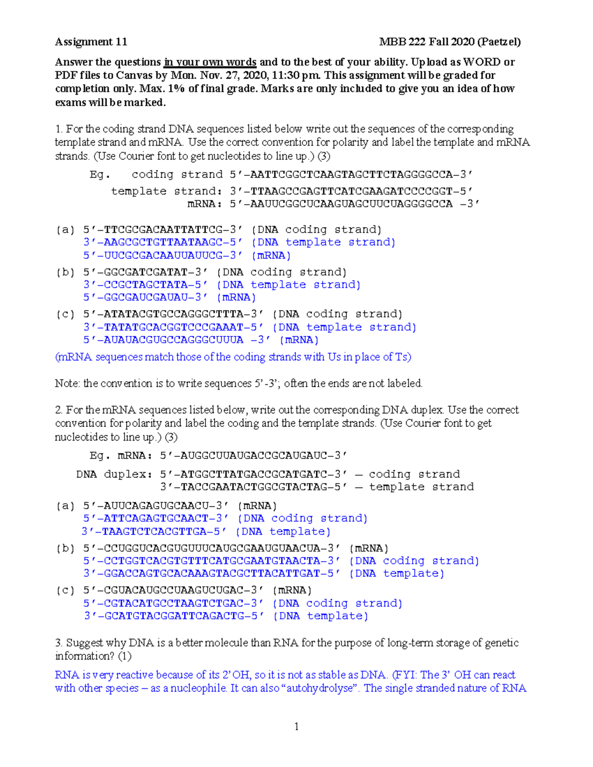 Assignment 11-key-1 - MBB 222 Assignement 11 - Answer the questions in ...