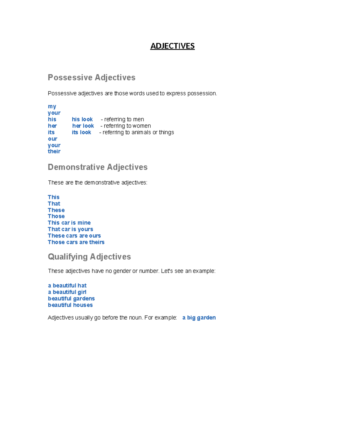 Aba English - Summary Lenguas extranjeras - ADJECTIVES Possessive ...