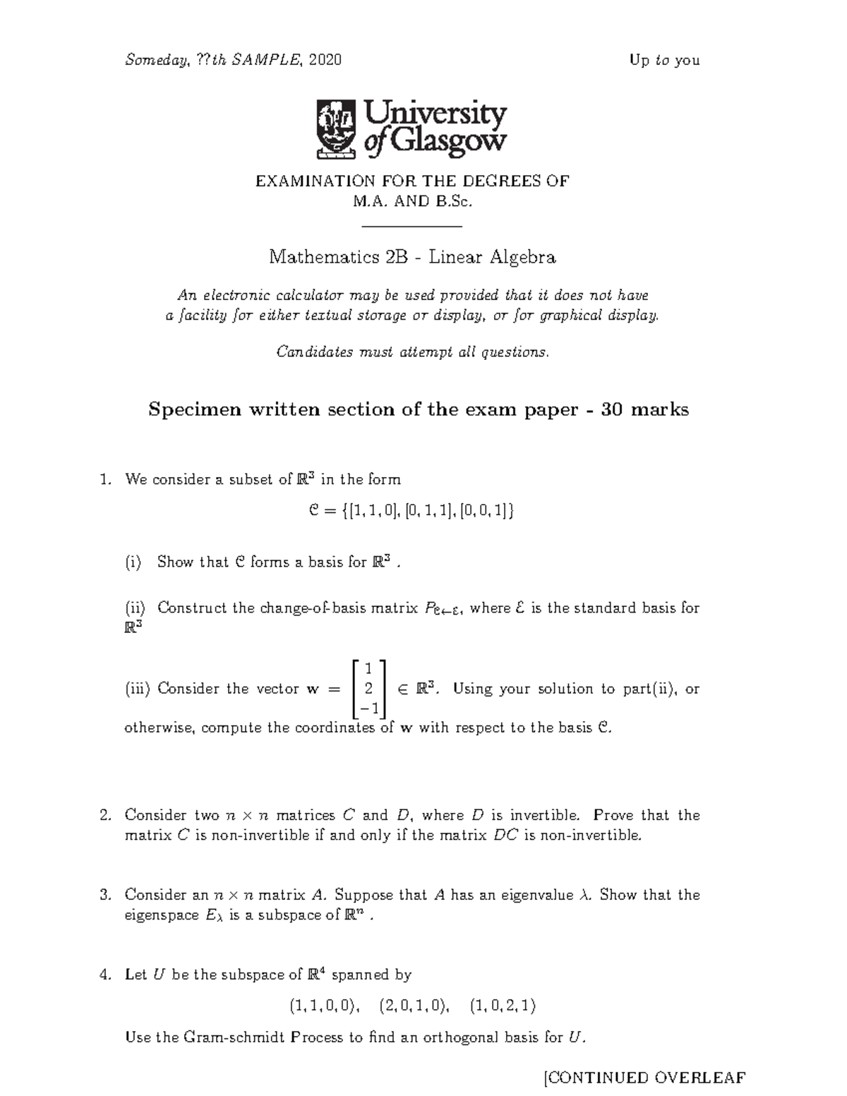 2B Linear Algebra Sample Exam Written - Someday, ??th SAMPLE, 2020 Up ...