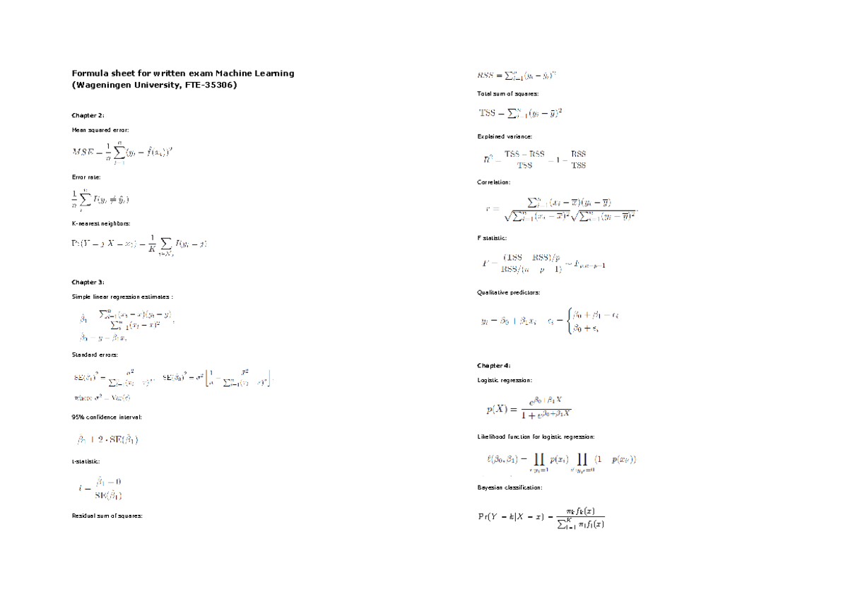 Formula sheet ml17 - Formuleblad - Formula sheet for written exam ...