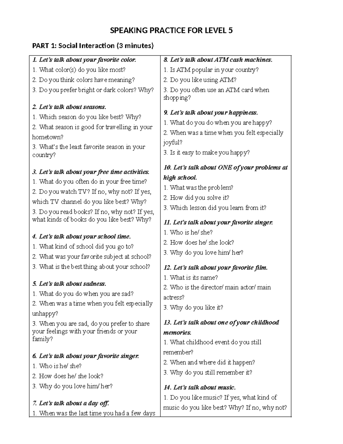 Level-5 - csacsa - SPEAKING PRACTICE FOR LEVEL 5 PART 1: Social ...